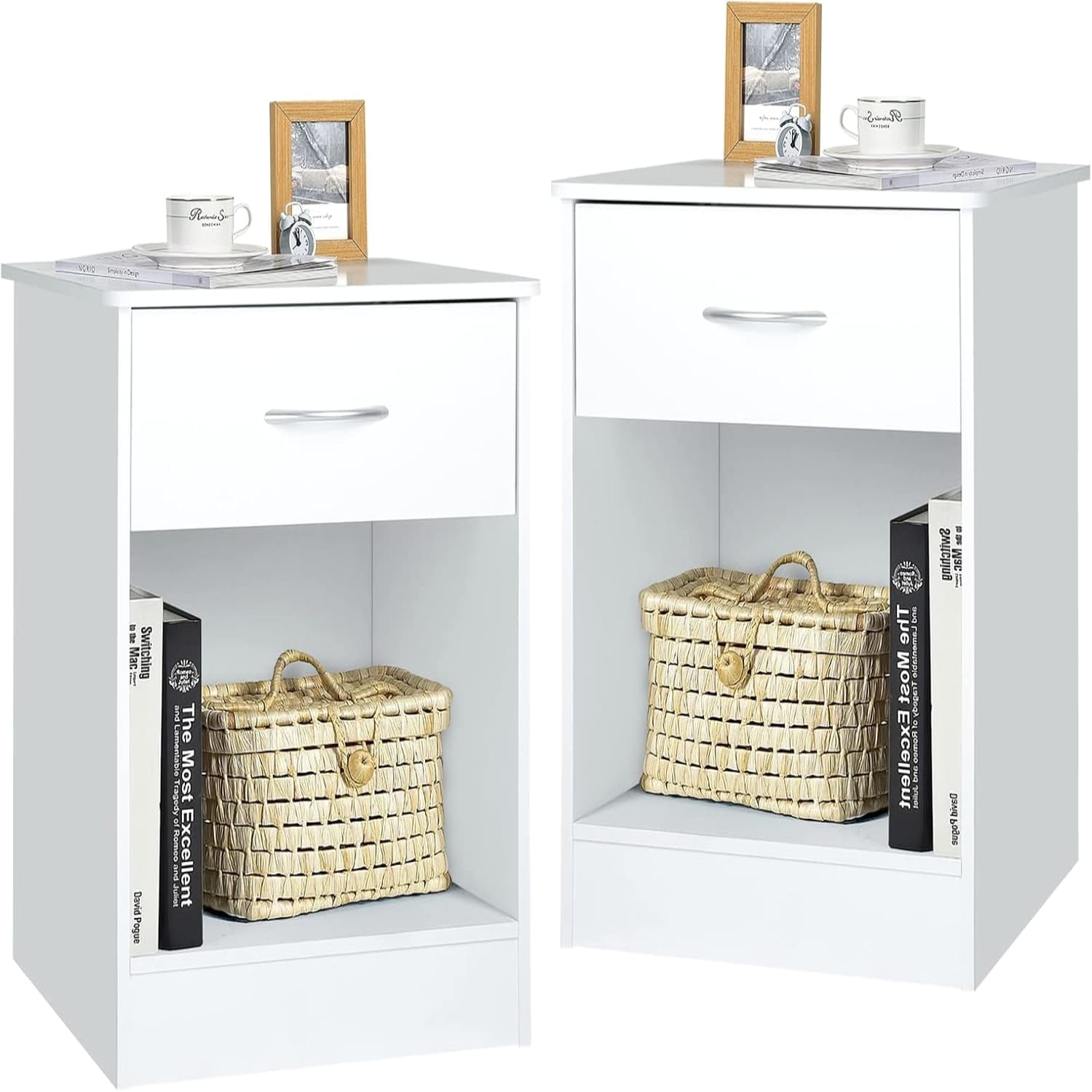 2 PCS Grey Nightstand with Drawer and Storage Shelf Bedside Table End ...