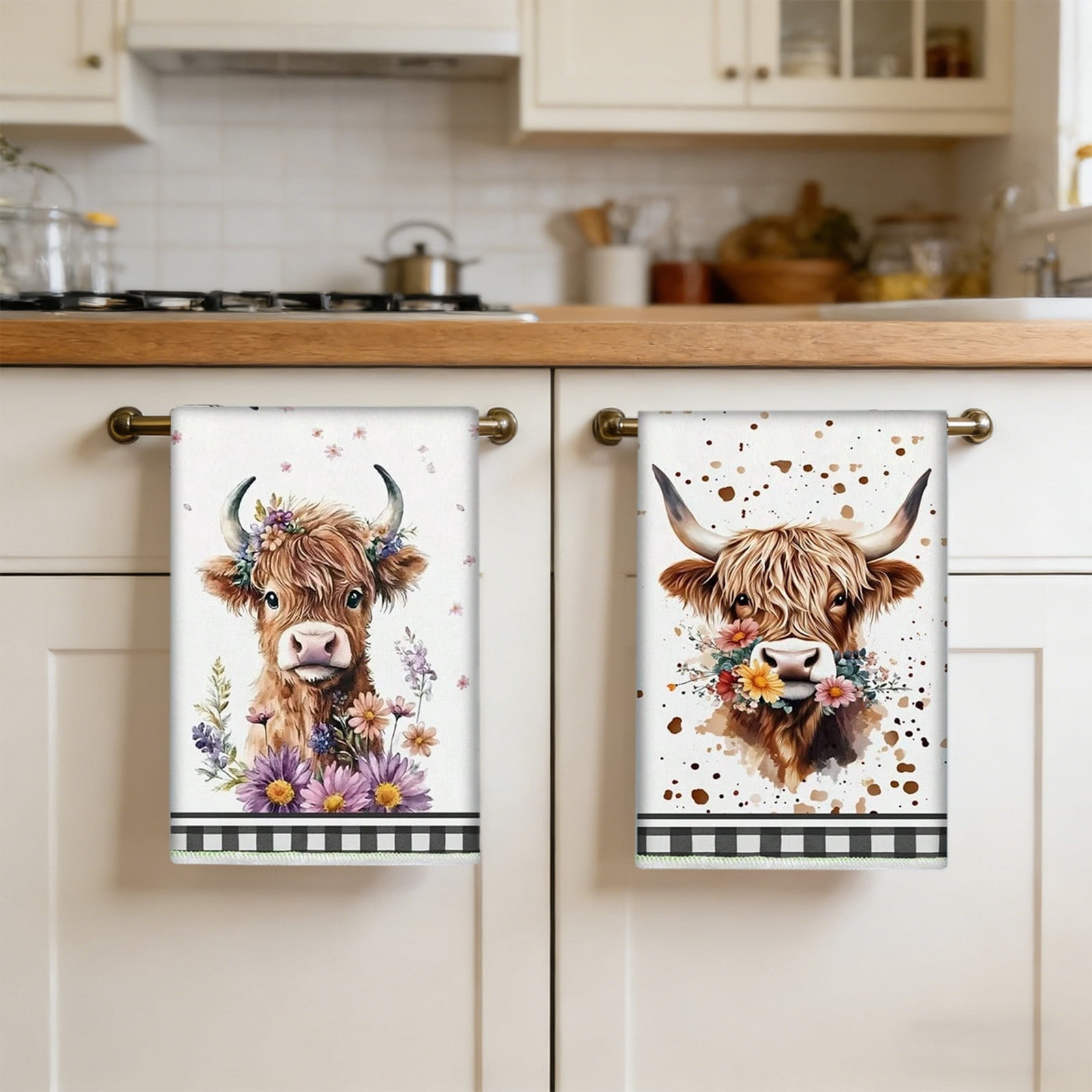 2 PCS Highland Cow Kitchen Towels, Absorbent Highland Cattle Dish ...