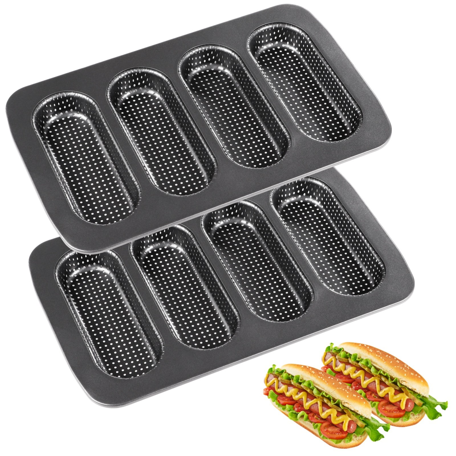 2 PCS Hot Dog Bun Pans Set, Perforated Holes Carbon Steel Hotdog Bun ...