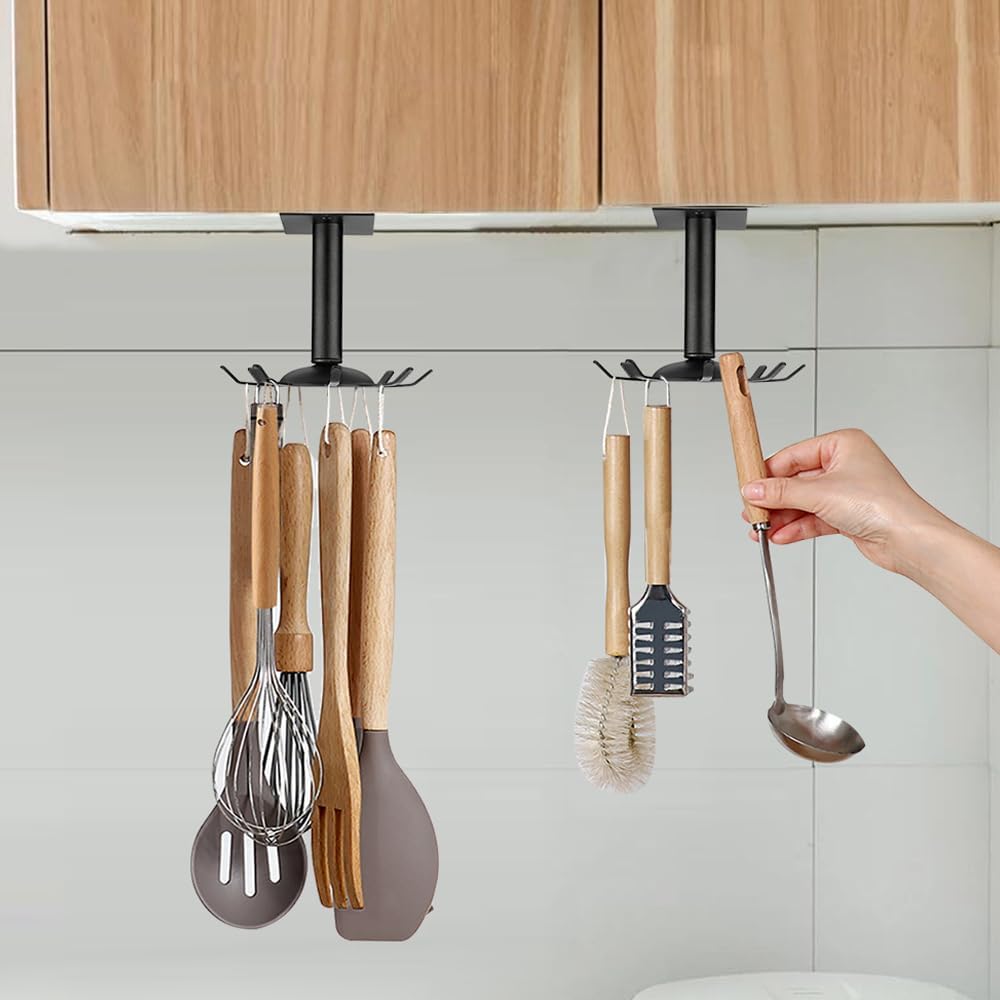 2 PCS Kitchen Rotating Utensils Hooks, Matte Black Cooking Utensil Rack ...