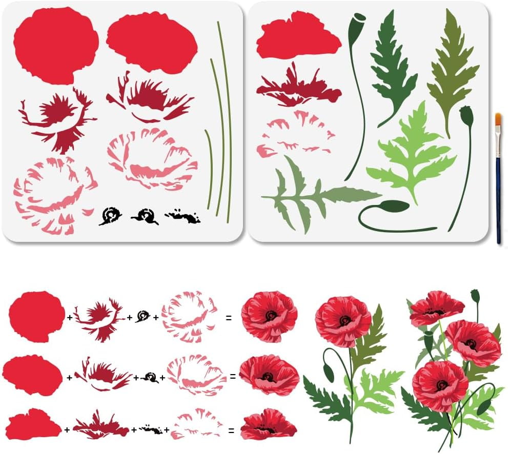 2 PCS Layered Poppy Flower Stencils 11.8×11.8 Inches Flower Bouquet ...
