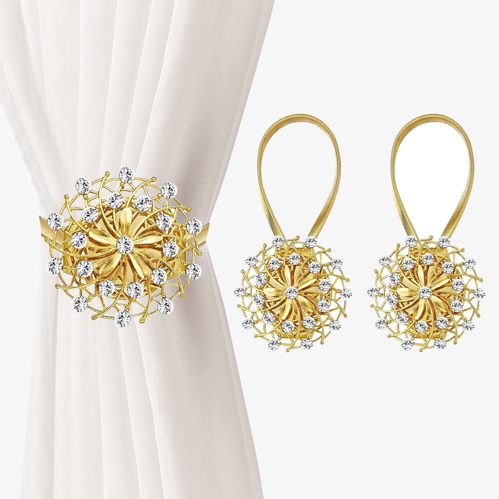 2 PCS Magnetic Curtain Tiebacks, Curtain Holdbacks Crystal Flower ...