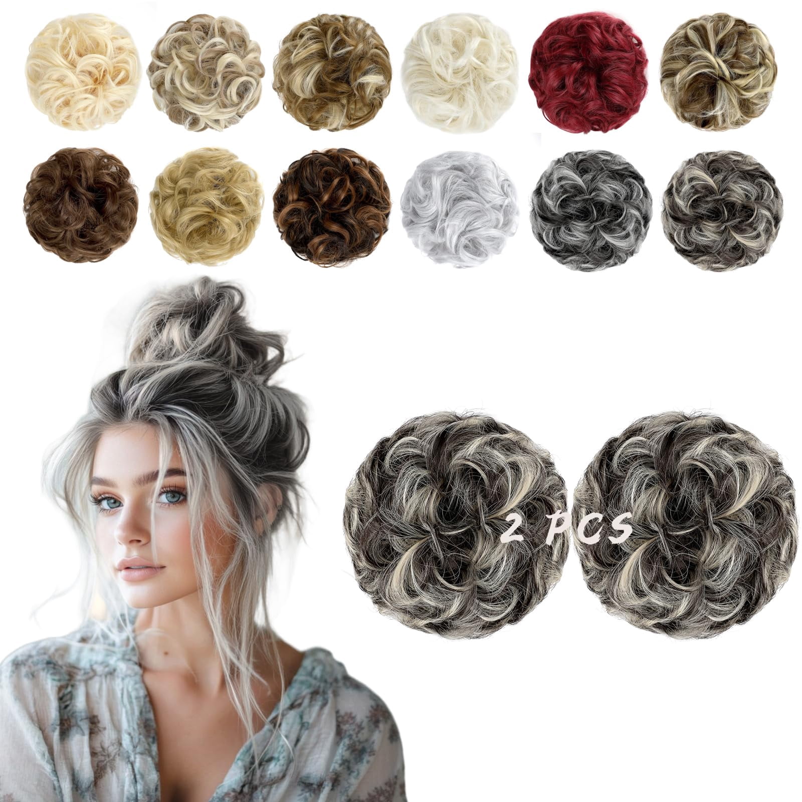 2 PCS Messy Bun Hair Piece Wavy Curly Hair Bun Scrunchies Extensions ...