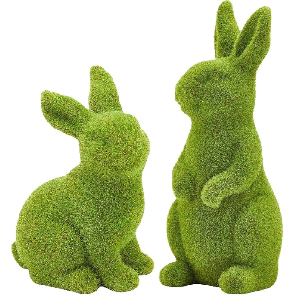 2 PCS Moss Bunny Decorative Figurines Flocked Resin Easter Bunny Decor ...