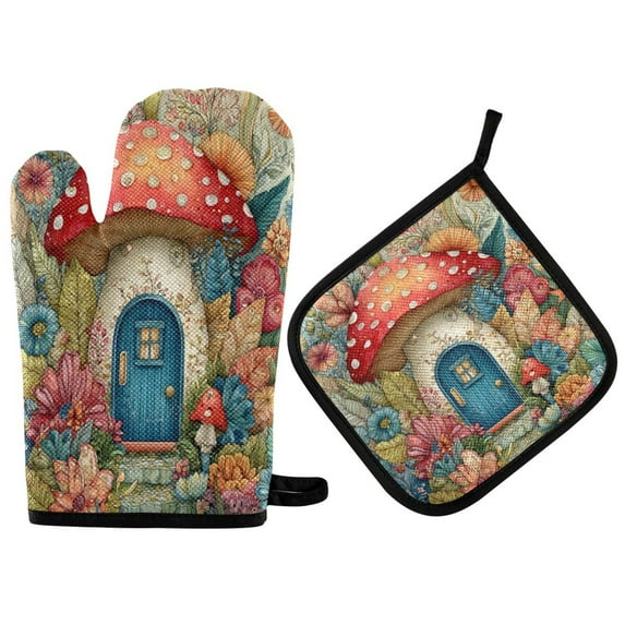 2 PCS Oven Baking Gloves Set Heat Resistant Oven Mitt & Pot Holder Set ...