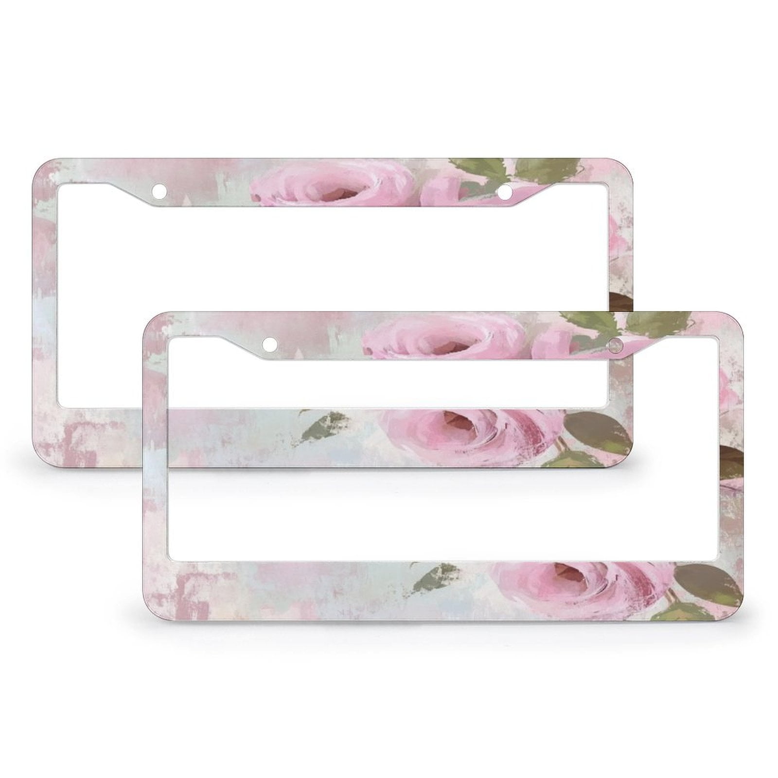 2 PCS Pink Roses Shabby Chic Painting License Plate Frame Roses Flowers ...