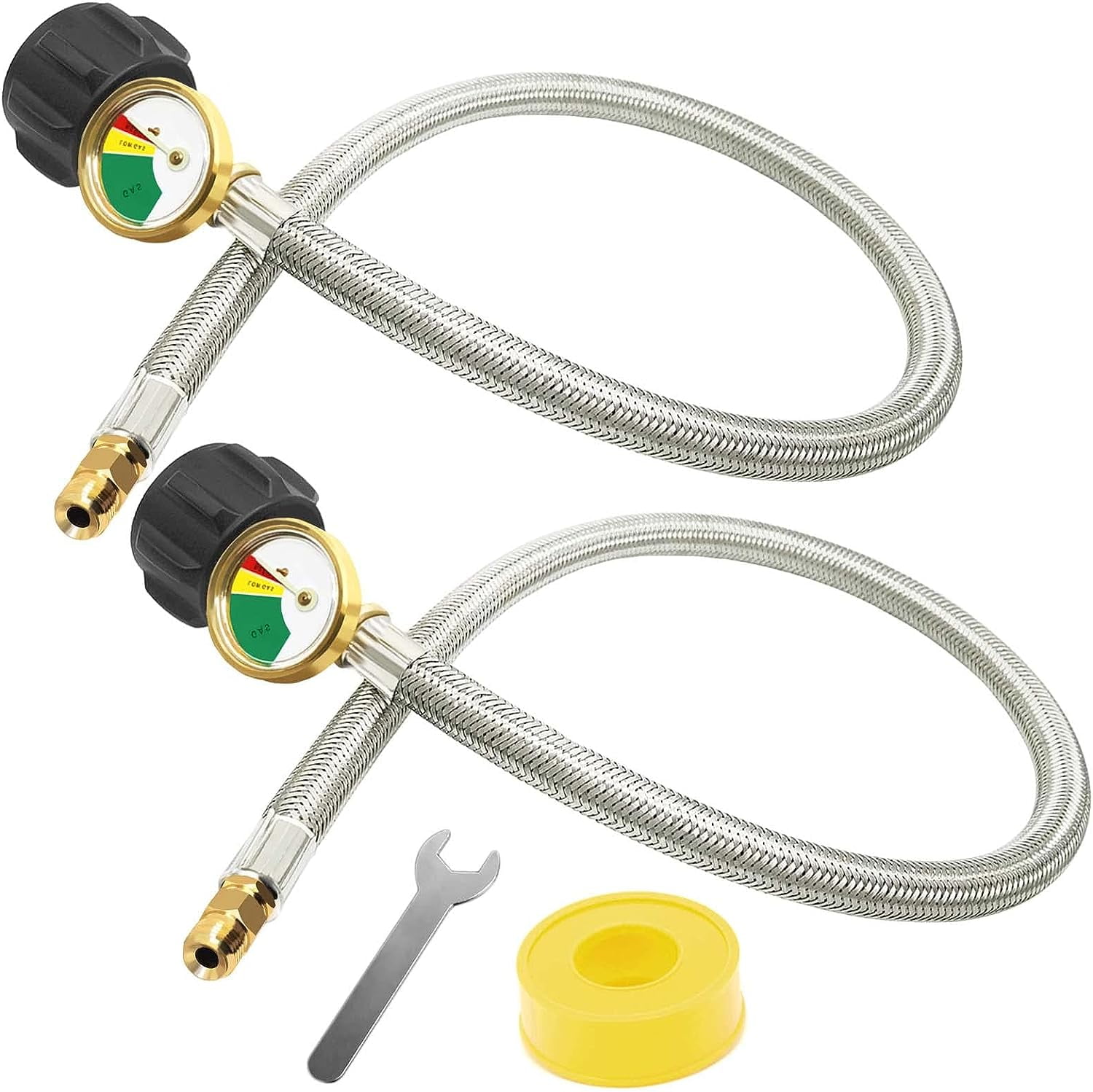 2 PCS RV Propane Hose with Gauge 24 Inch Stainless Steel Braided Camper ...