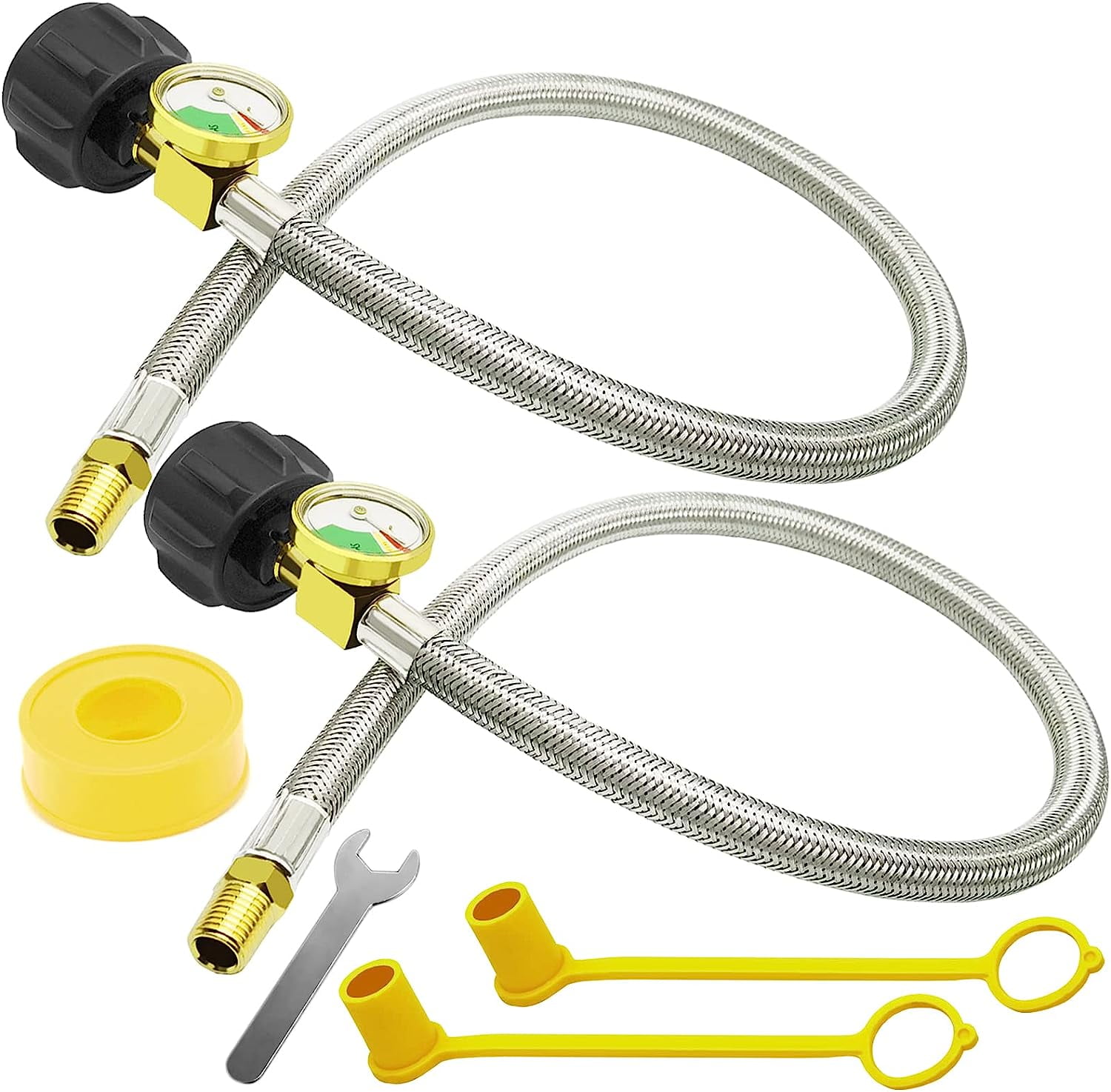 2 PCS RV Propane Hoses with Gauge, 24 Inch SS Braided Tank Hose, LP Gas ...