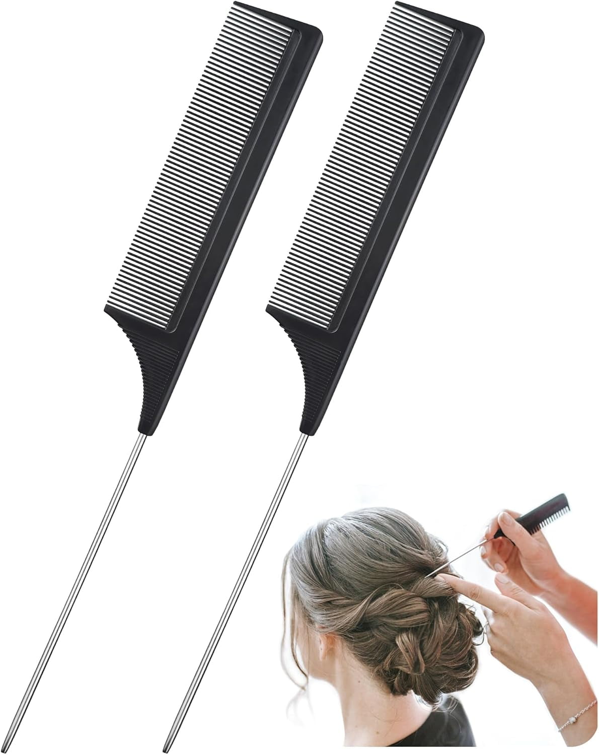 2 PCS Rat Tail Combs,Fine-toothed comb with Carbon Fiber Stainless ...