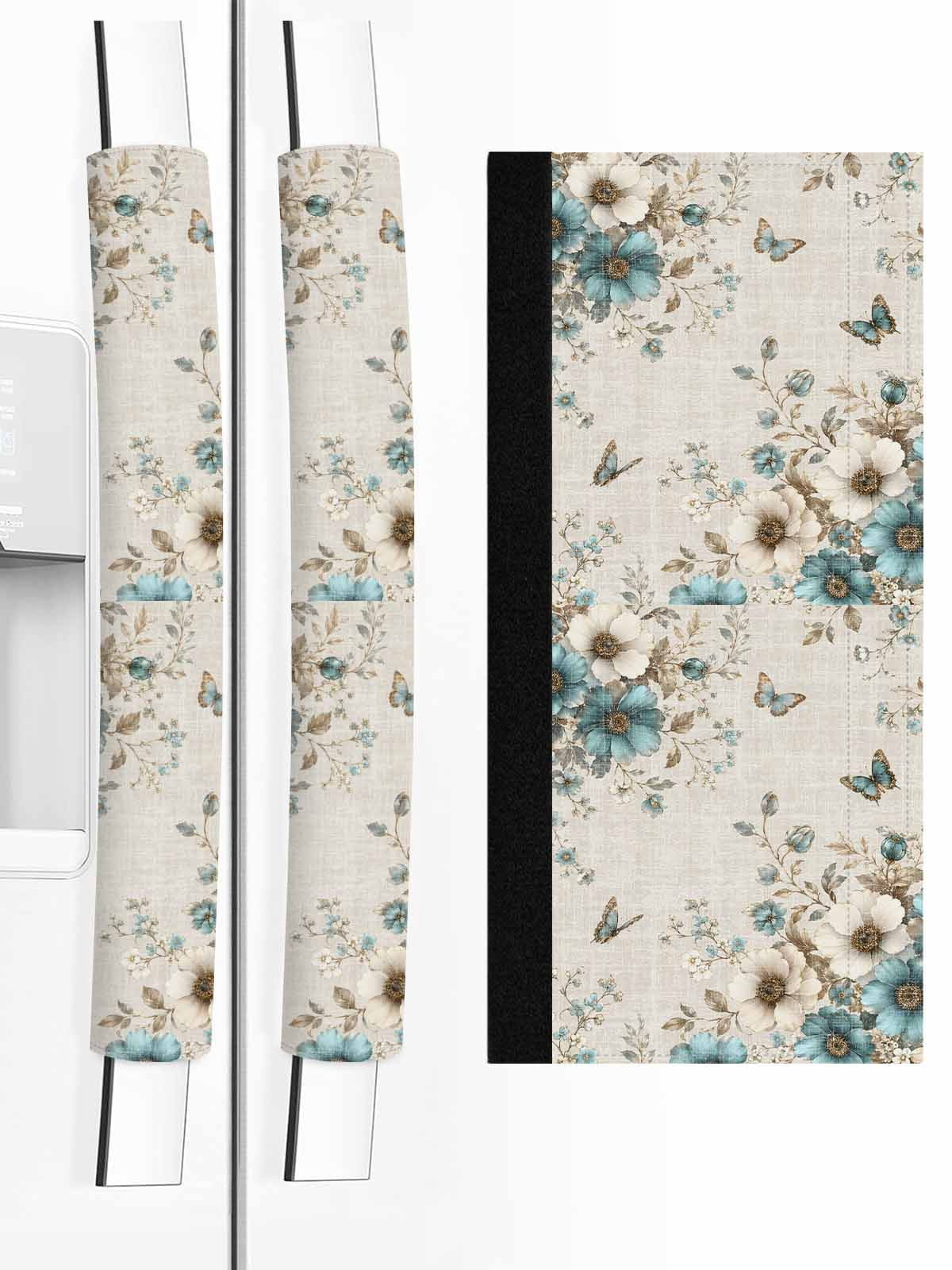 2 PCS Refrigerator Door Handle Covers, Teal Blooms Adjustable Kitchen ...
