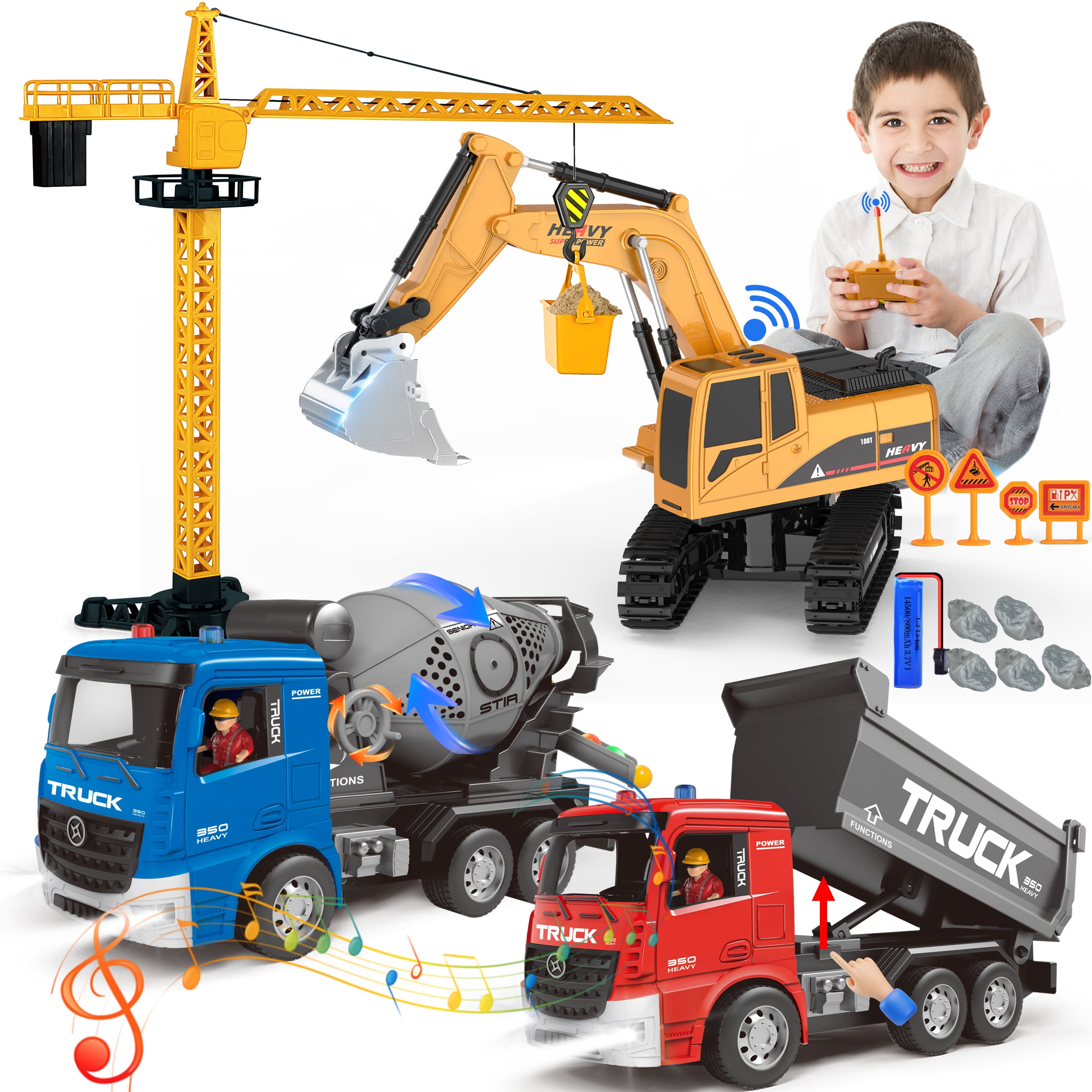 2 PCS Remote Control Construction Vehicle Toy Set, RC Excavator & RC ...
