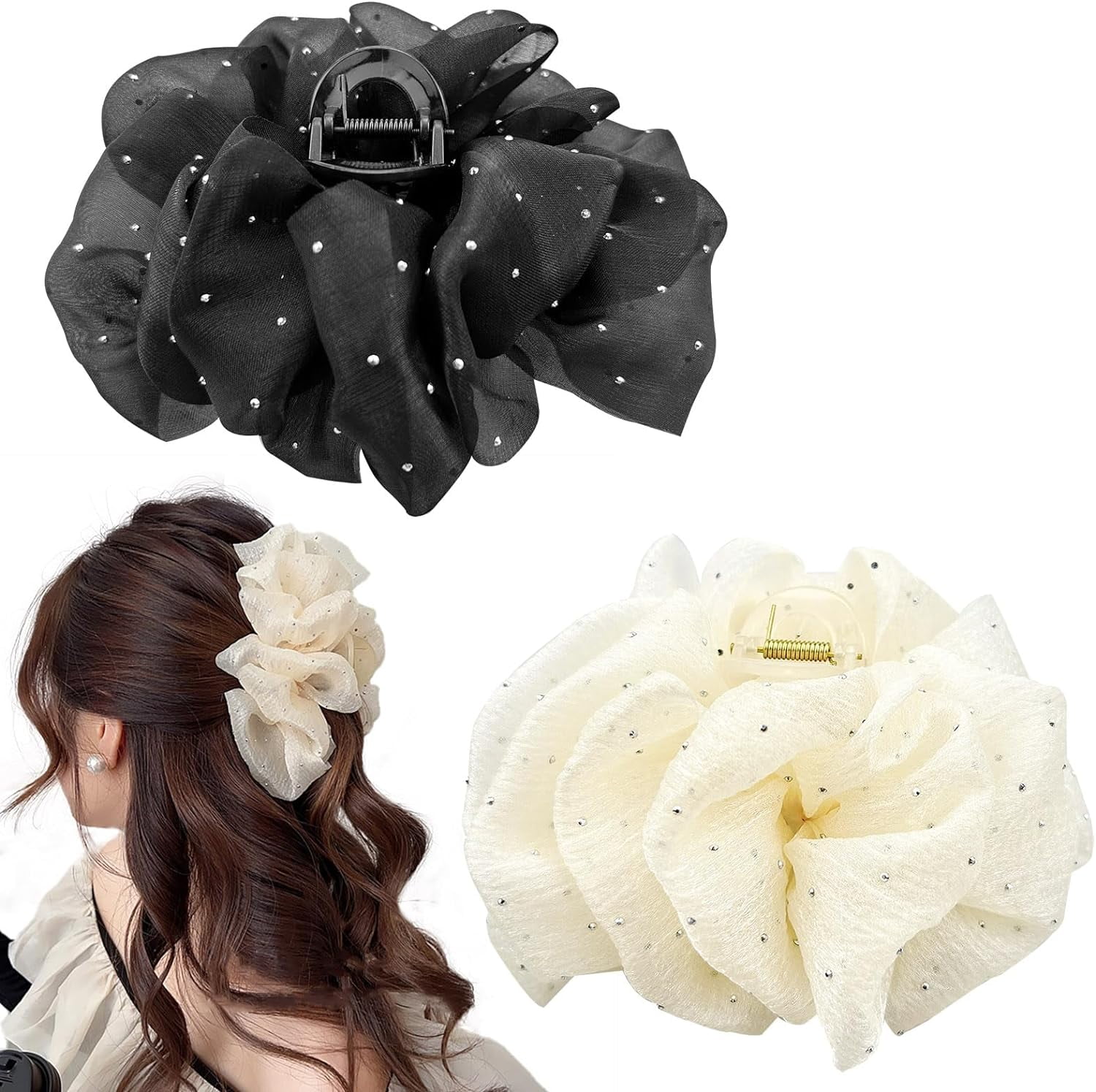 2 PCS Rhinestone Bow Cloud Bubble Hair Clips Satin Bow Barrettes ...