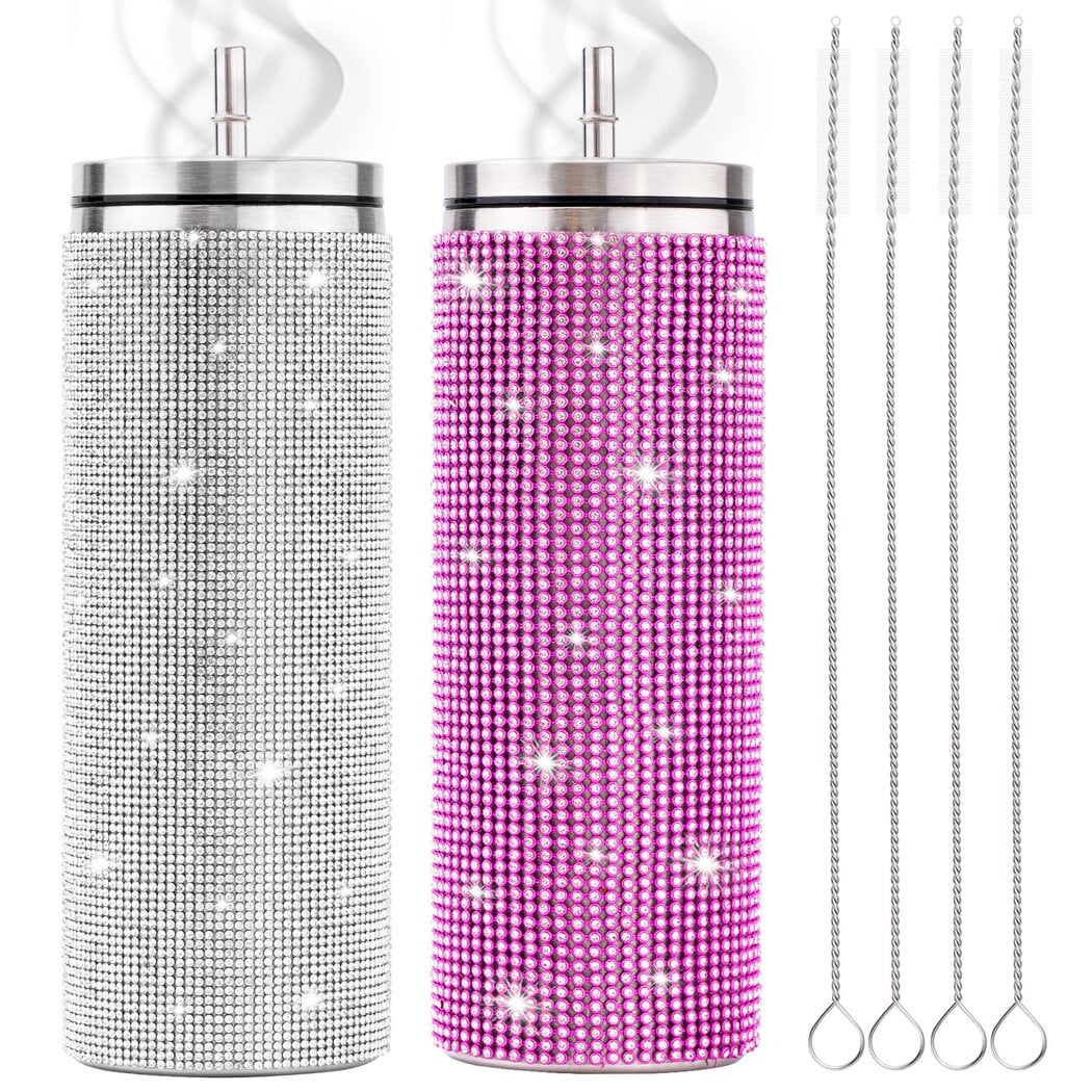 2 PCS Rhinestone Insulated Bottles, 600 ML Glitter Diamond Bottles with ...