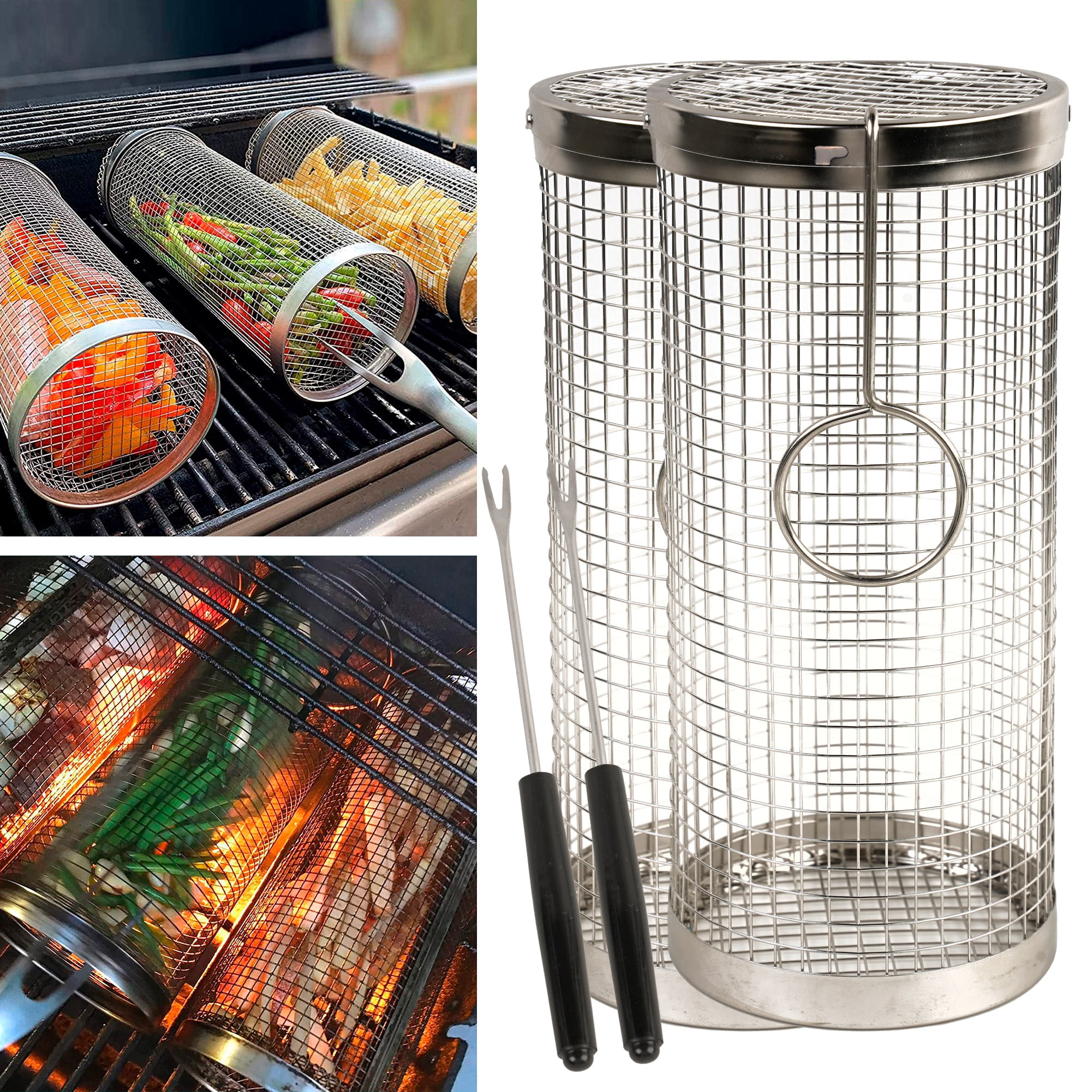 2 PCS Rolling Grilling Basket BBQ Grill Basket for Outdoor Stainless ...