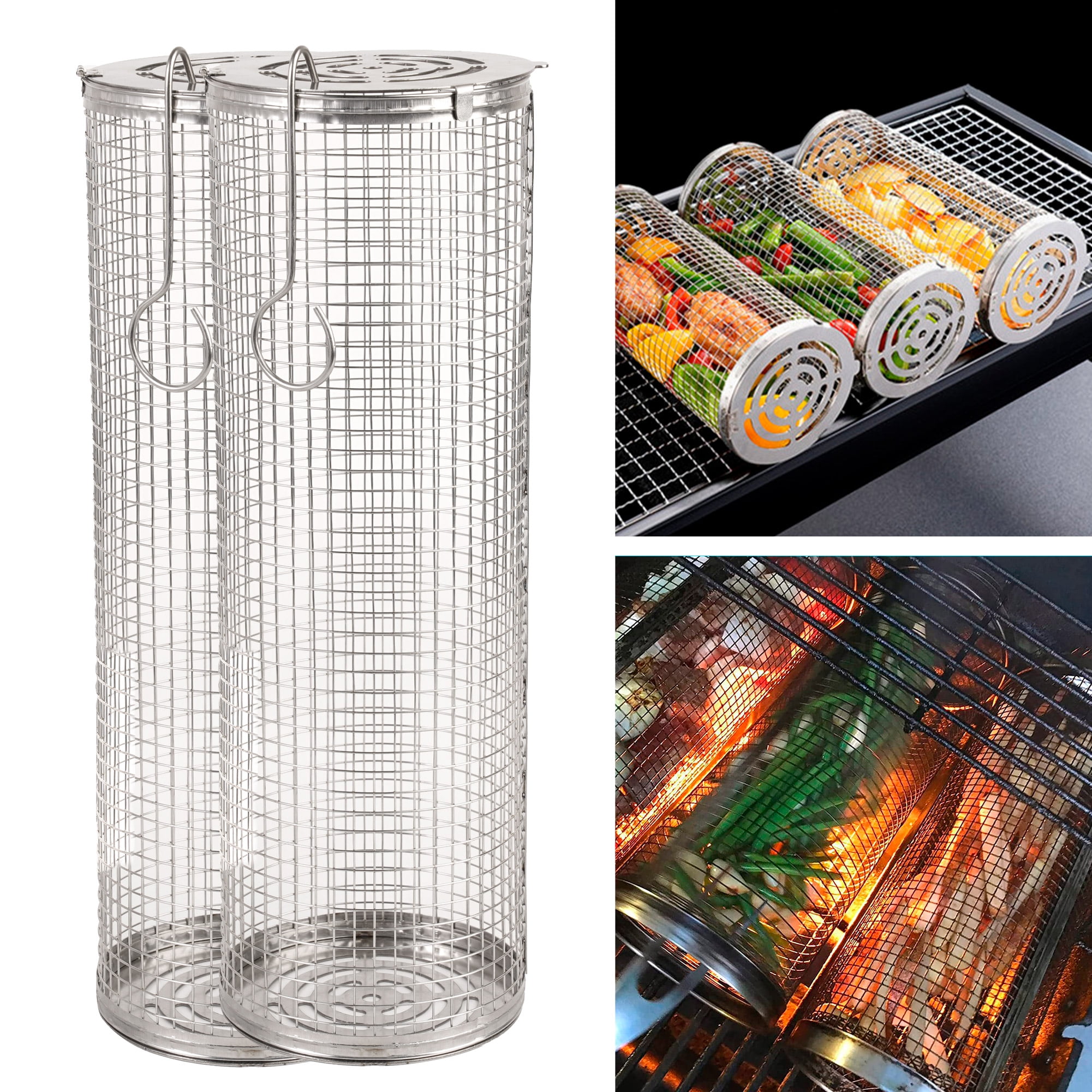2 PCS Rolling Grilling Basket BBQ Grill Basket for Outdoor Stainless ...