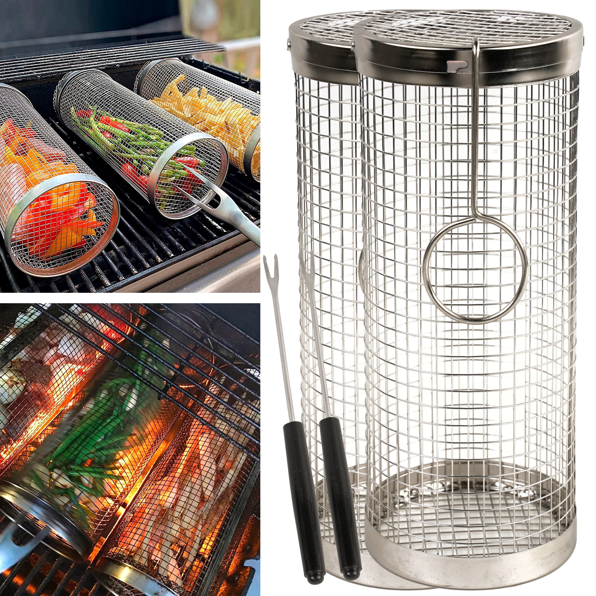 2 PCS Rolling Grilling Basket BBQ Grill Basket for Outdoor Stainless ...