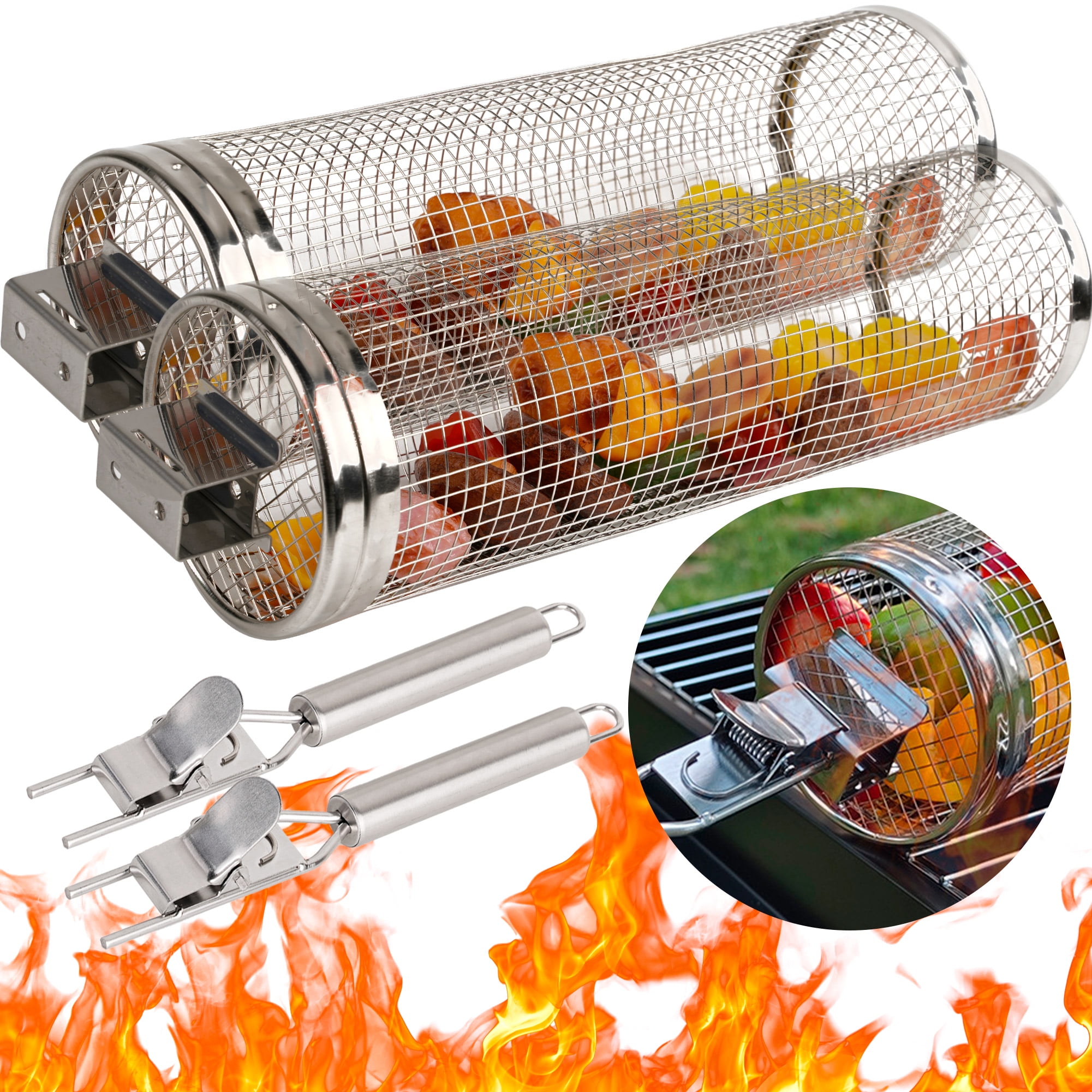 2 PCS Rolling Grilling Basket BBQ Grill Basket for Outdoor Stainless ...