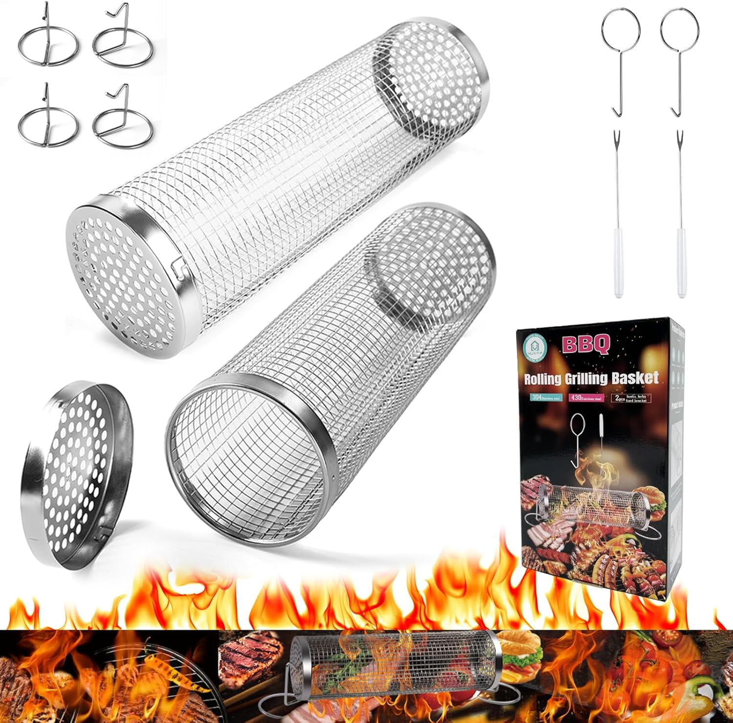 2 PCS Rolling Grilling Basket Stainless Steel Grill Mesh BBQ Grill ...