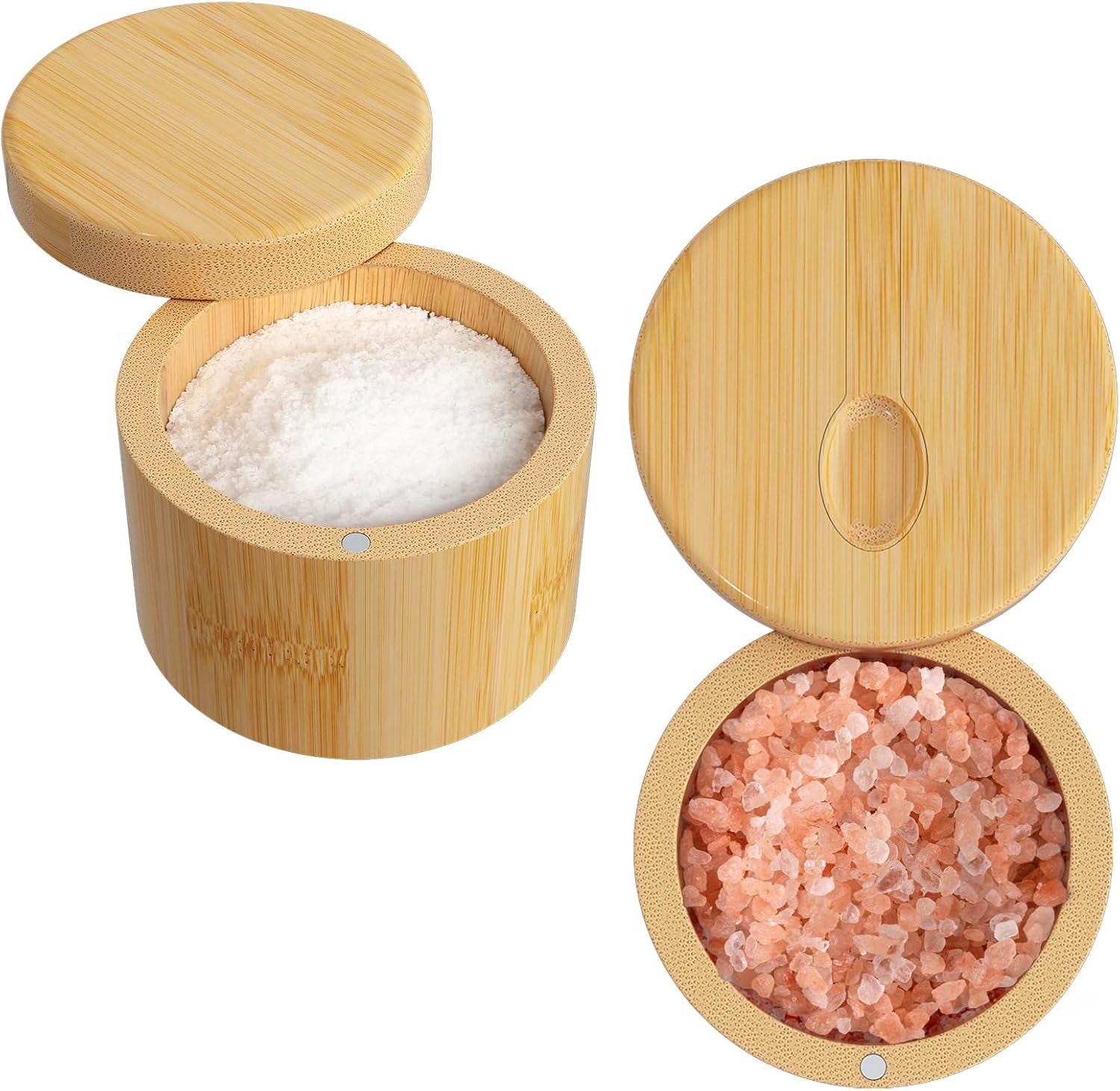 2 PCS Salt Shaker, Salt Cellar Bamboo Storage Box with Magnetic Swivel ...