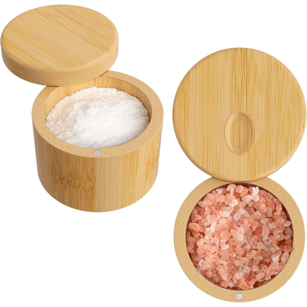 2 PCS Salt Shaker, Salt Cellar Bamboo Storage Box with Magnetic Swivel ...