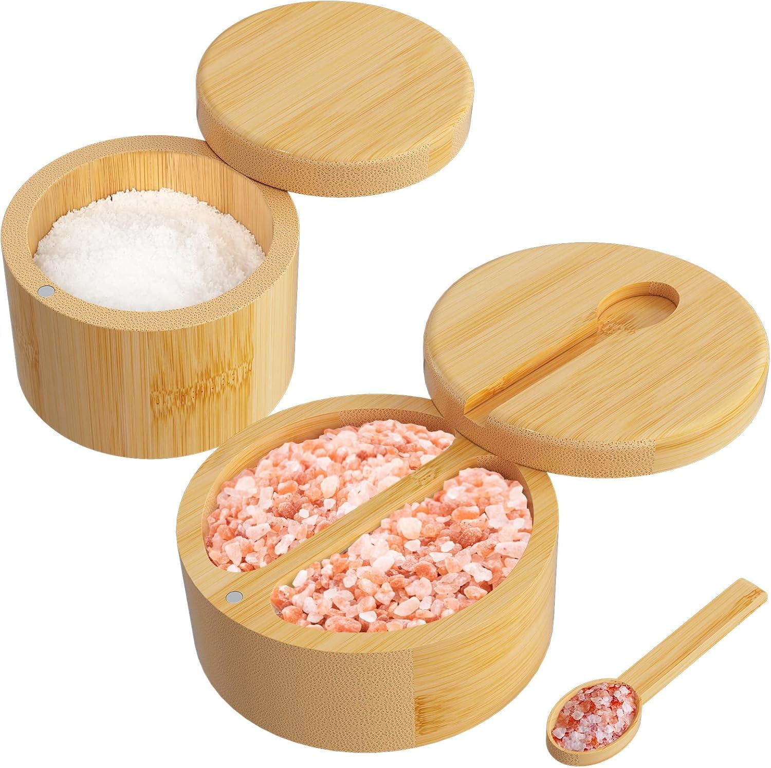 2 PCS Salt Shaker, Salt Cellar Bamboo Storage Box with Magnetic Swivel ...