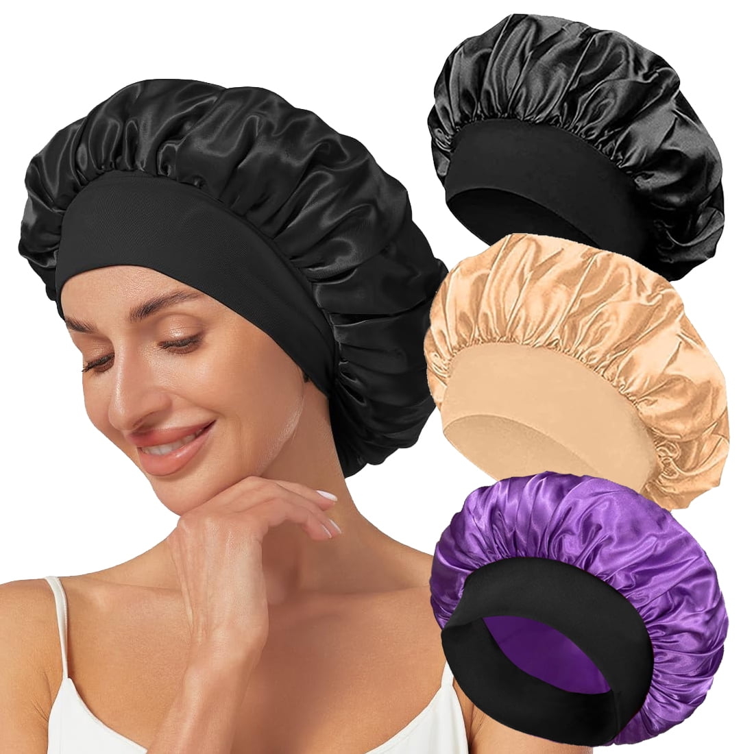 "YXRIJDJ Satin Sleeping Bonnet, 2-Pack, Adjustable One Size, Black and ...