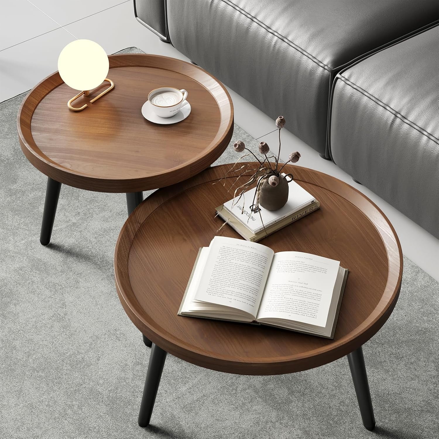 2 PCS Small Round Coffee Table, Walnut Nesting Tables for Small Spaces ...