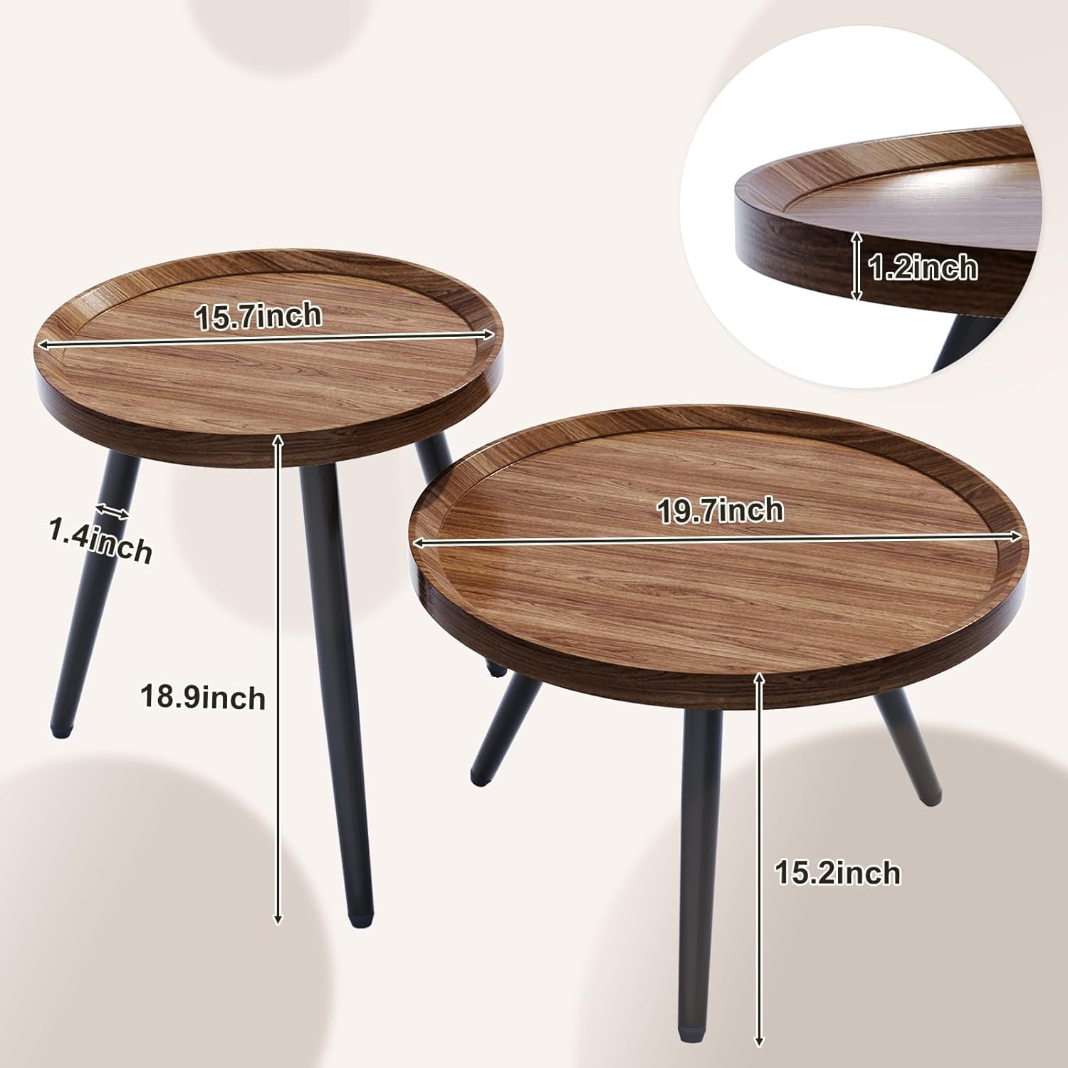 2 PCS Small Round Coffee Table, Walnut Nesting Tables for Small Spaces ...