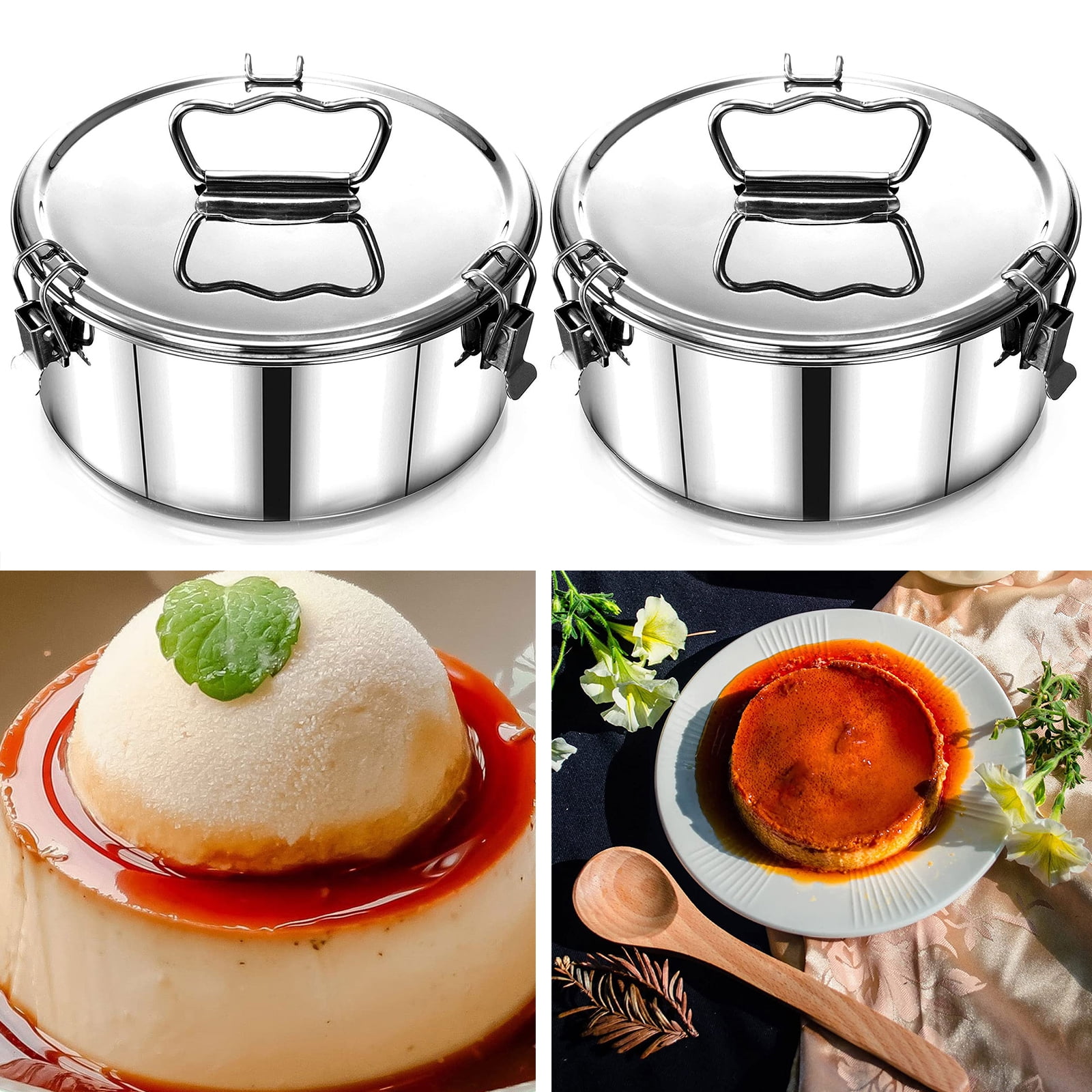 2 PCS Stainless Steel Flan Pan with Rack Solid Mold Cooker Safe Flan ...