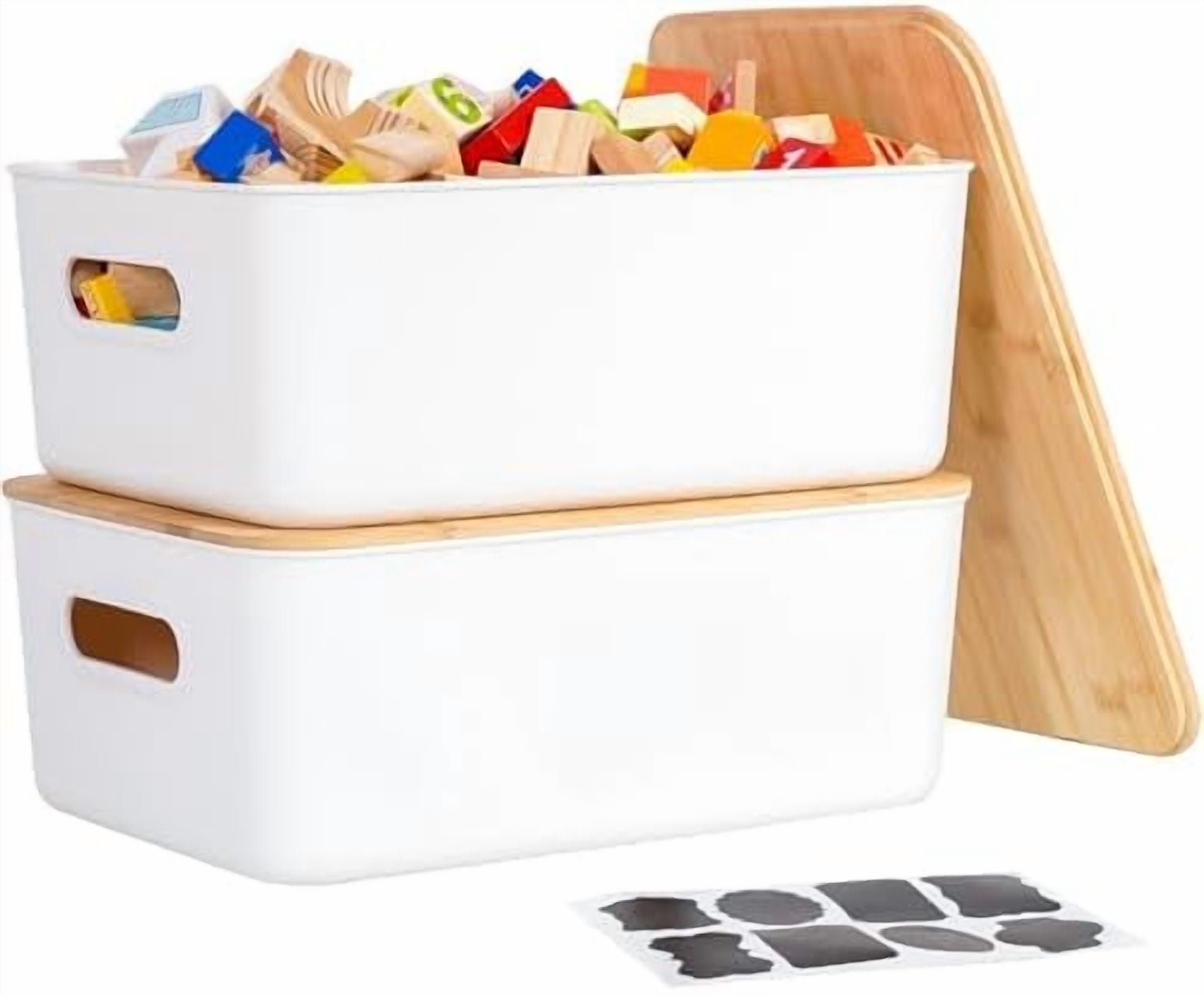 2 PCS Storage Bins with Bamboo Lids Plastic Storage Containers for ...