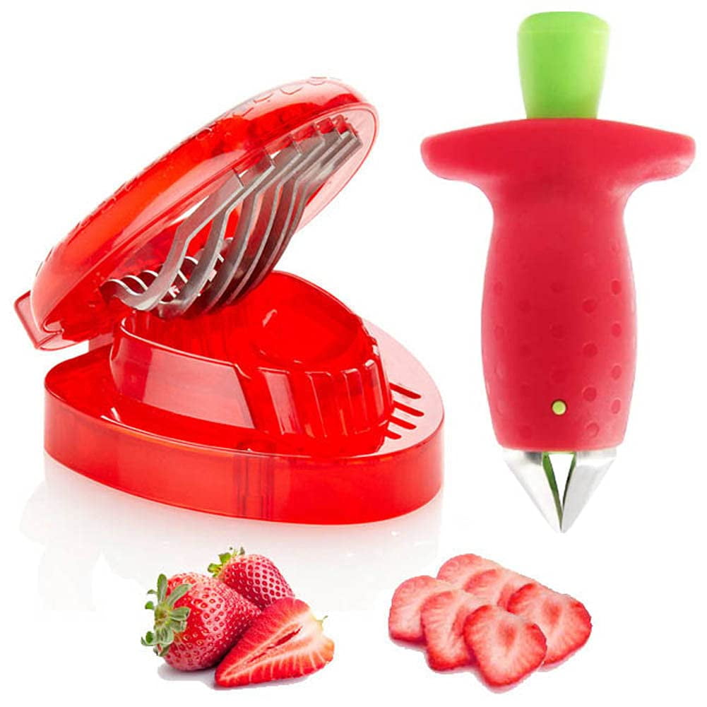 2 PCS Strawberry Slicer & Huller, Fruit Slicer Set, Berry Stem Leaves Huller Gem Remover Removal ...