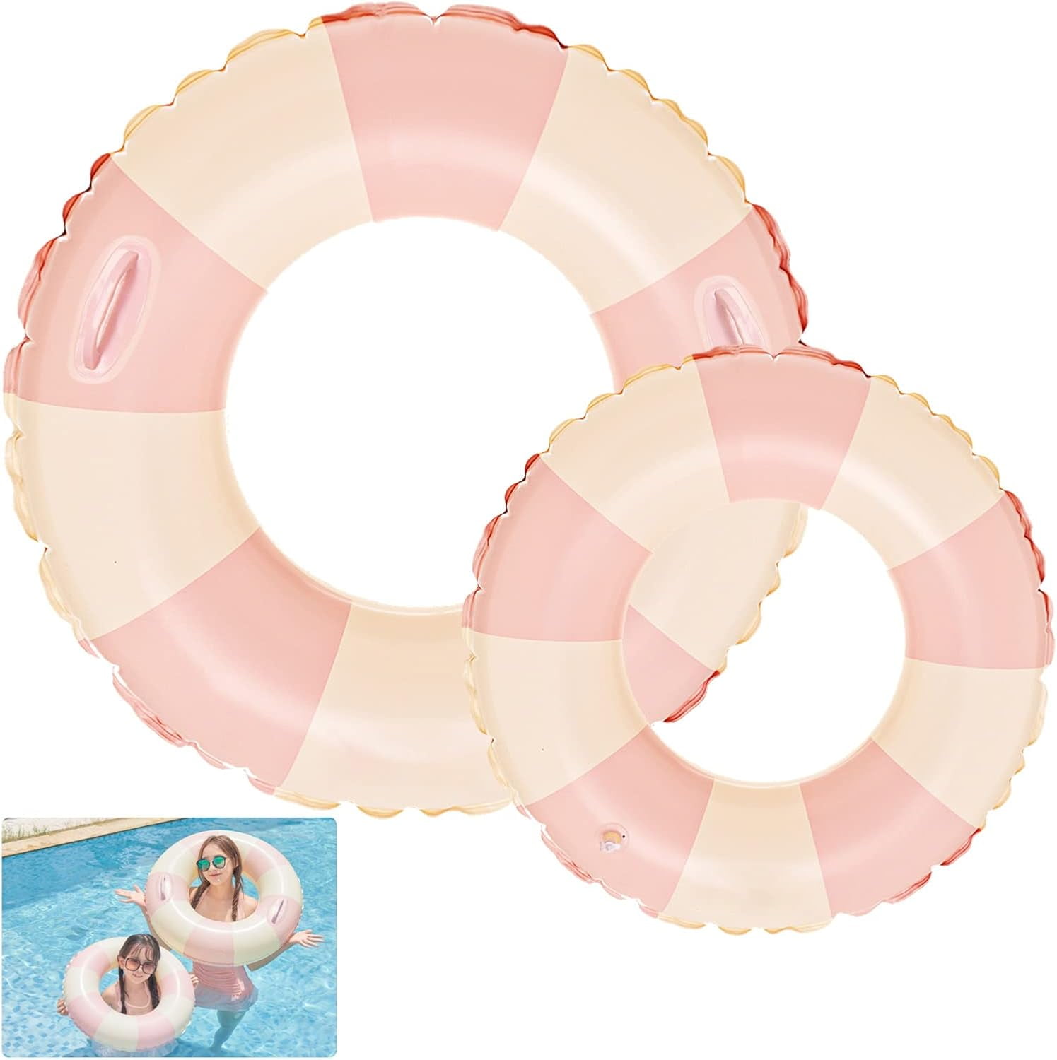 2 PCS Striped Pool Floats for Adults Kids Swimming Rings Tube with Handles -Inflatable Pool ...