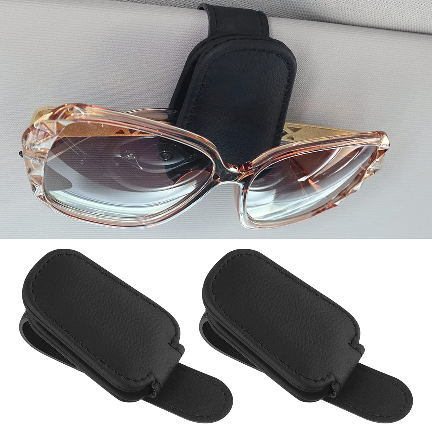 2 PCS Sunglasses Holders for Car Sun Visor, Magnetic Leather Sunglasses ...