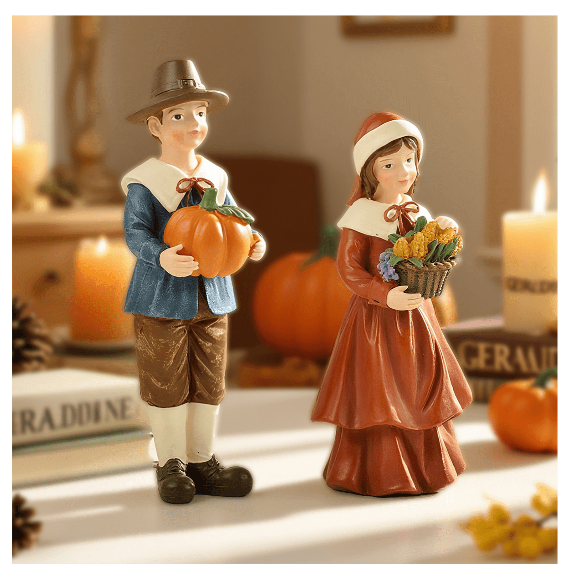 2 PCS Thanksgiving Pilgrim Collectible Pumpkin Figurines - Resin Couple ...