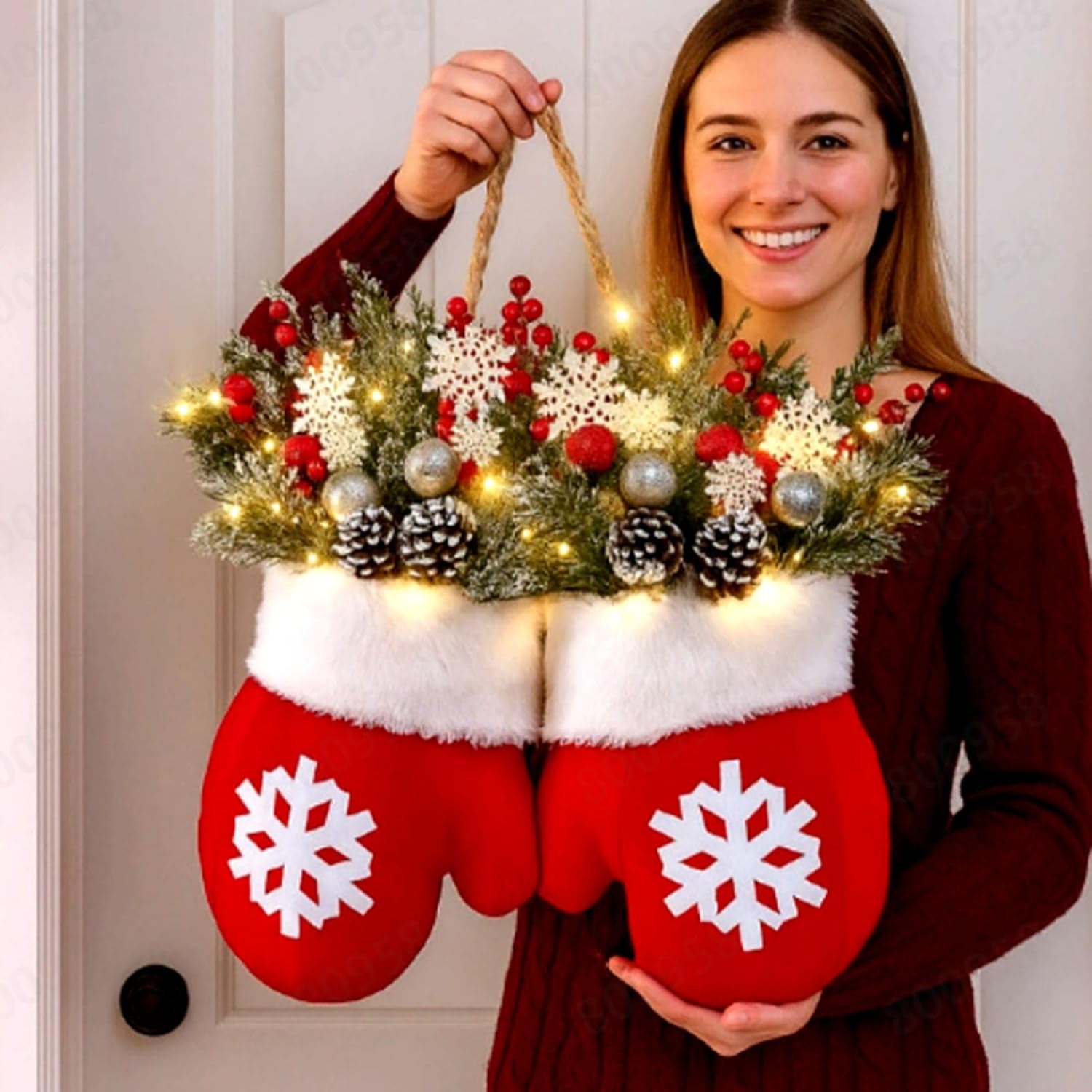 2 PCS Twinkling Christmas Mitten Wreath with Lights, 2025 Christmas ...