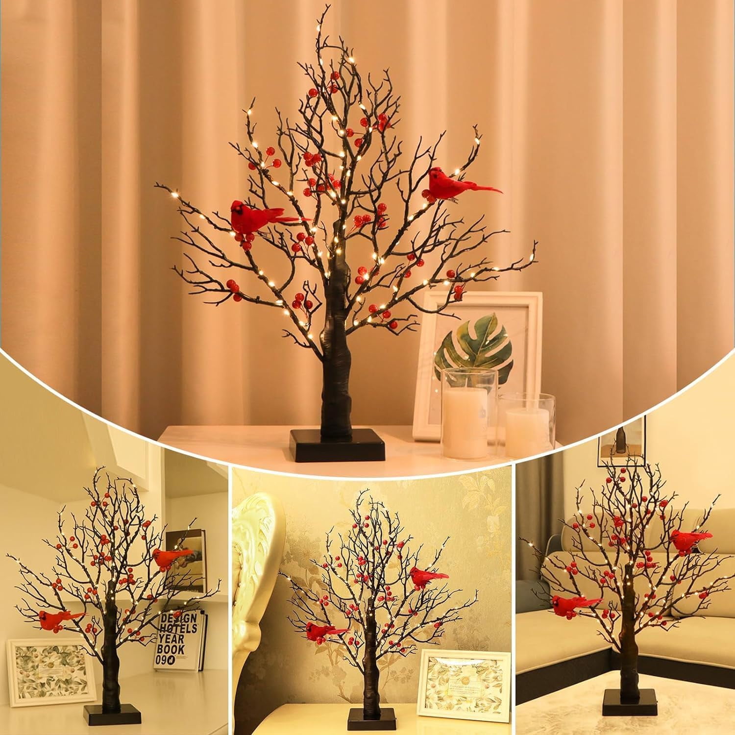 2 PCS Vintage Glowing Tree with Cardinal & Berries,21" Little Red Bird ...