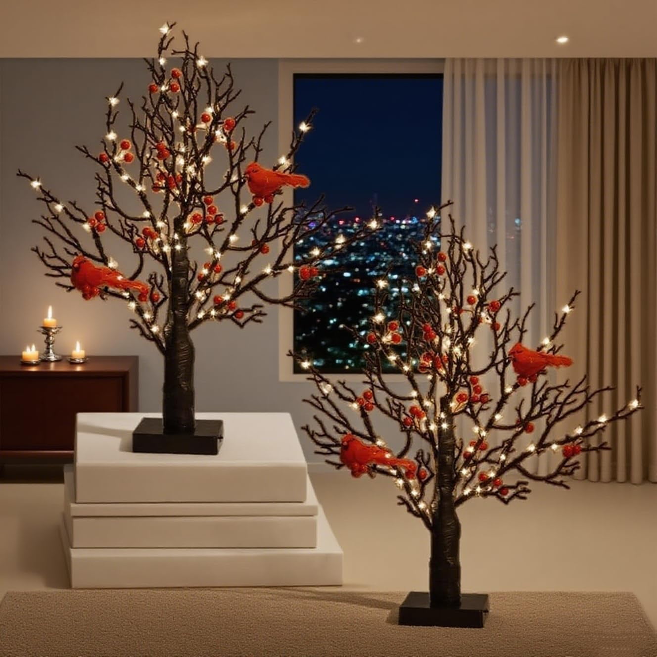2 PCS Vintage Glowing Tree with Cardinals, New LED White Birch Tree ...