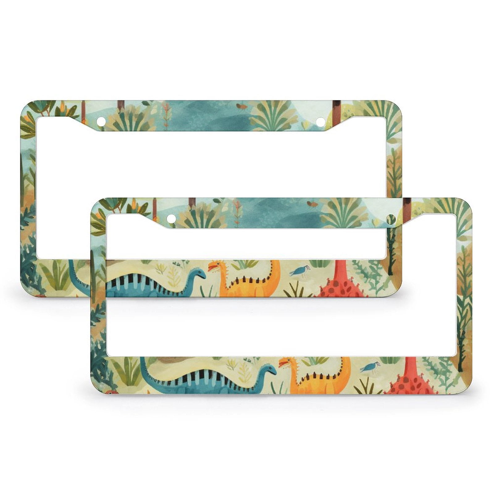 2 PCS Watercolor Painting Of A Group Of Dinosaurs License Plate Frame ...