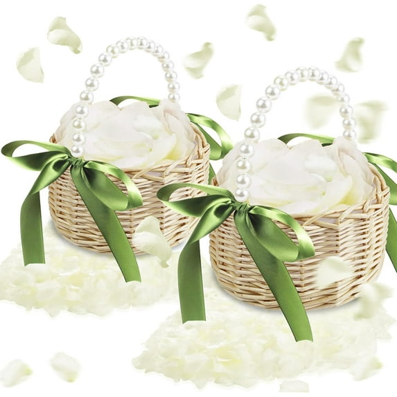 2 PCS Wicker Rattan Flower Girl Basket with 1000 Artificial Silk Rose ...