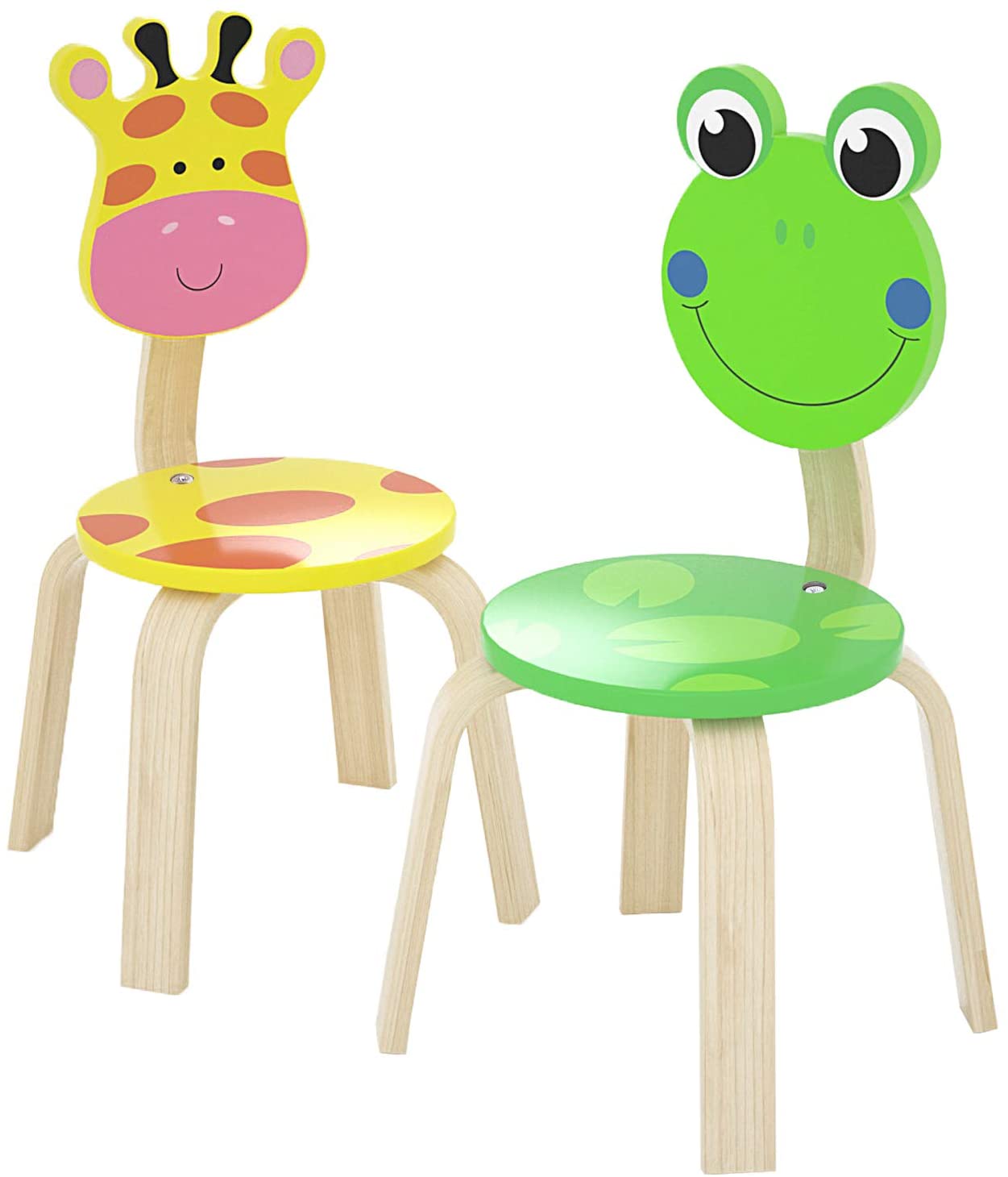 2 PCS Wooden Kids Chair Sets, Natural Hardwood Giraffe and Frog Animal ...