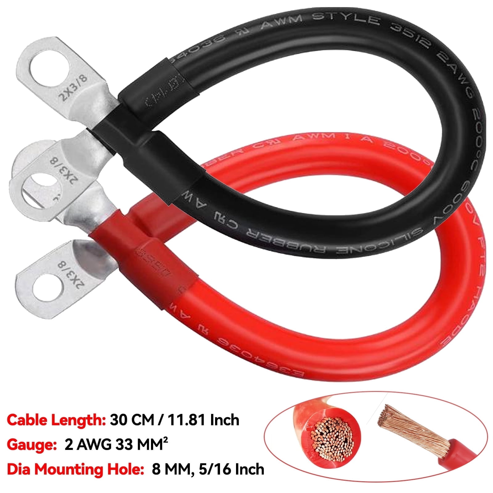 2 PCs PVC Battery Inverter Cable Set 2 AWG Positive Negative Cable 30cm ...