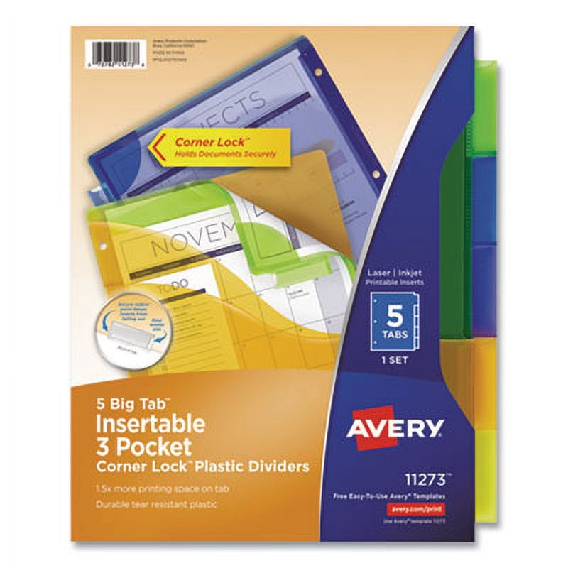 Insertable Big Tab Plastic Three-Pocket Corner Lock Dividers, 5-Tab, 11 ...