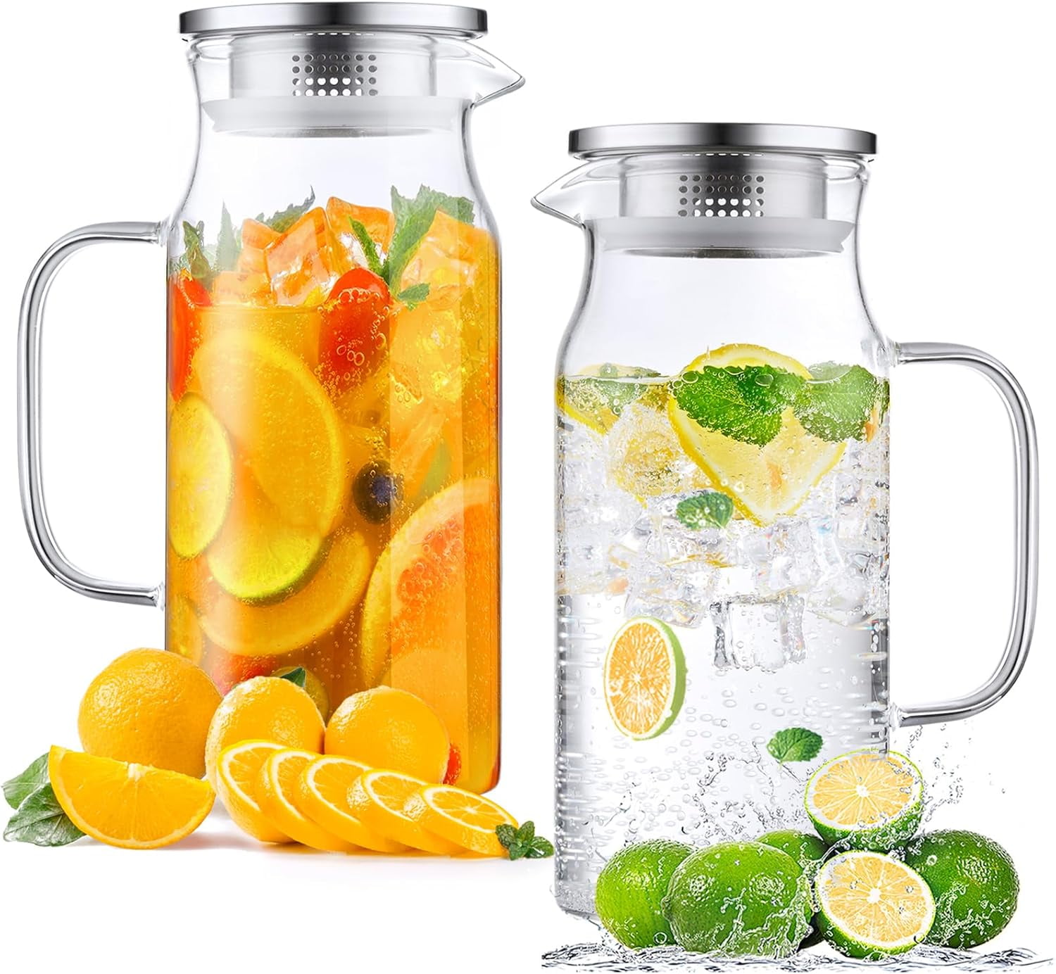 2 Pack 1.2 Liter 40 oz Glass Pitcher with Lid and Spout, Glass Water ...