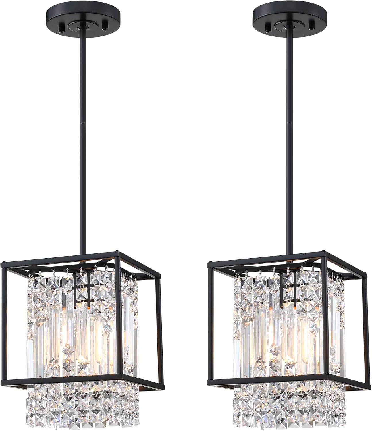 2 Pack 1 Light Hanging Kitchen Island 10" Crystal Modern Pendant Light Fixture Black Finish with ...