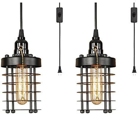 2 Pack 1 Light Hanging Swag Lamp with Plug in 15 Ft Cord On/Off Switch with Pull Chain- Black ...