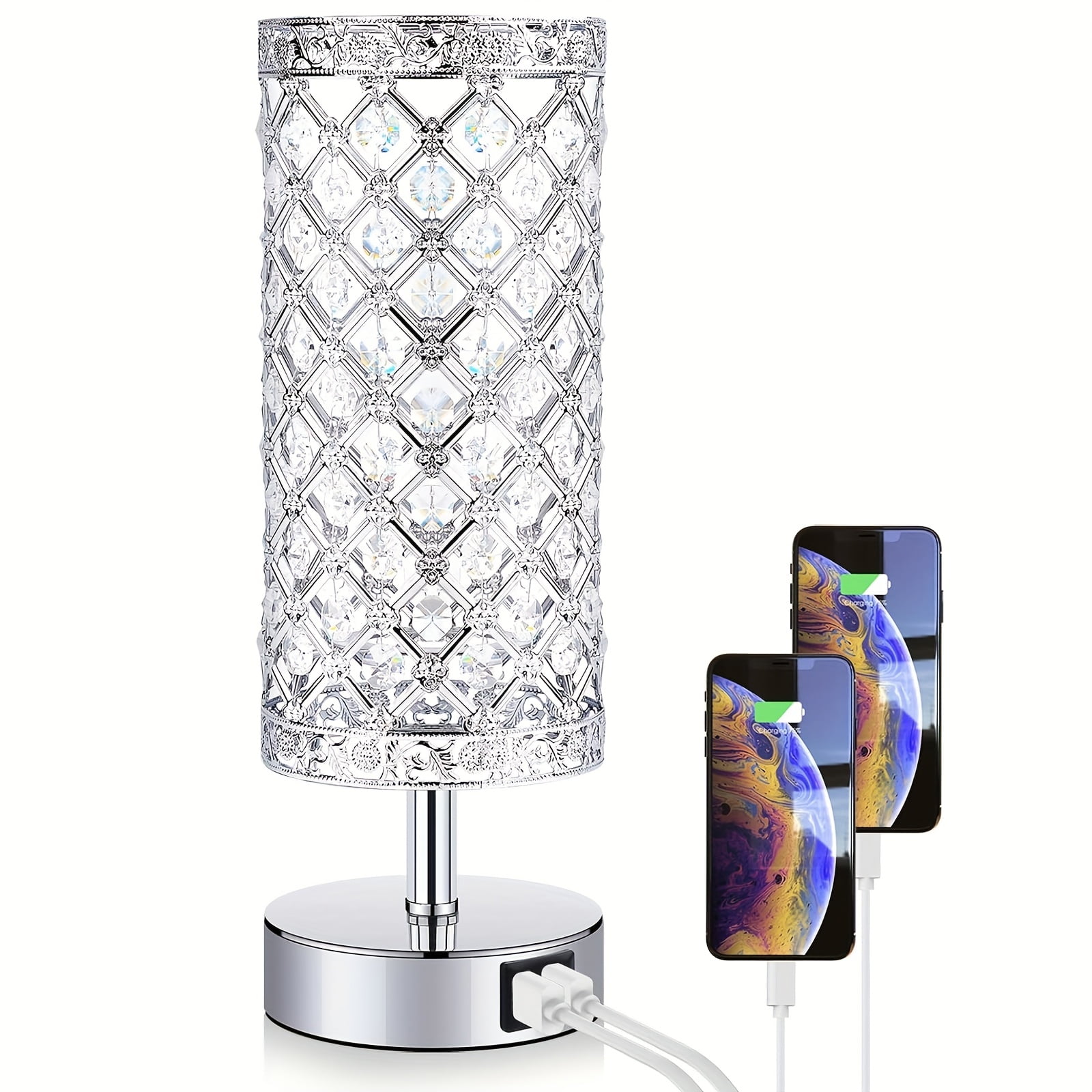 2 Pack/1 Pack Crystal Table Lamp - Touch Control Bedside Lamp w/ 2 USB ...