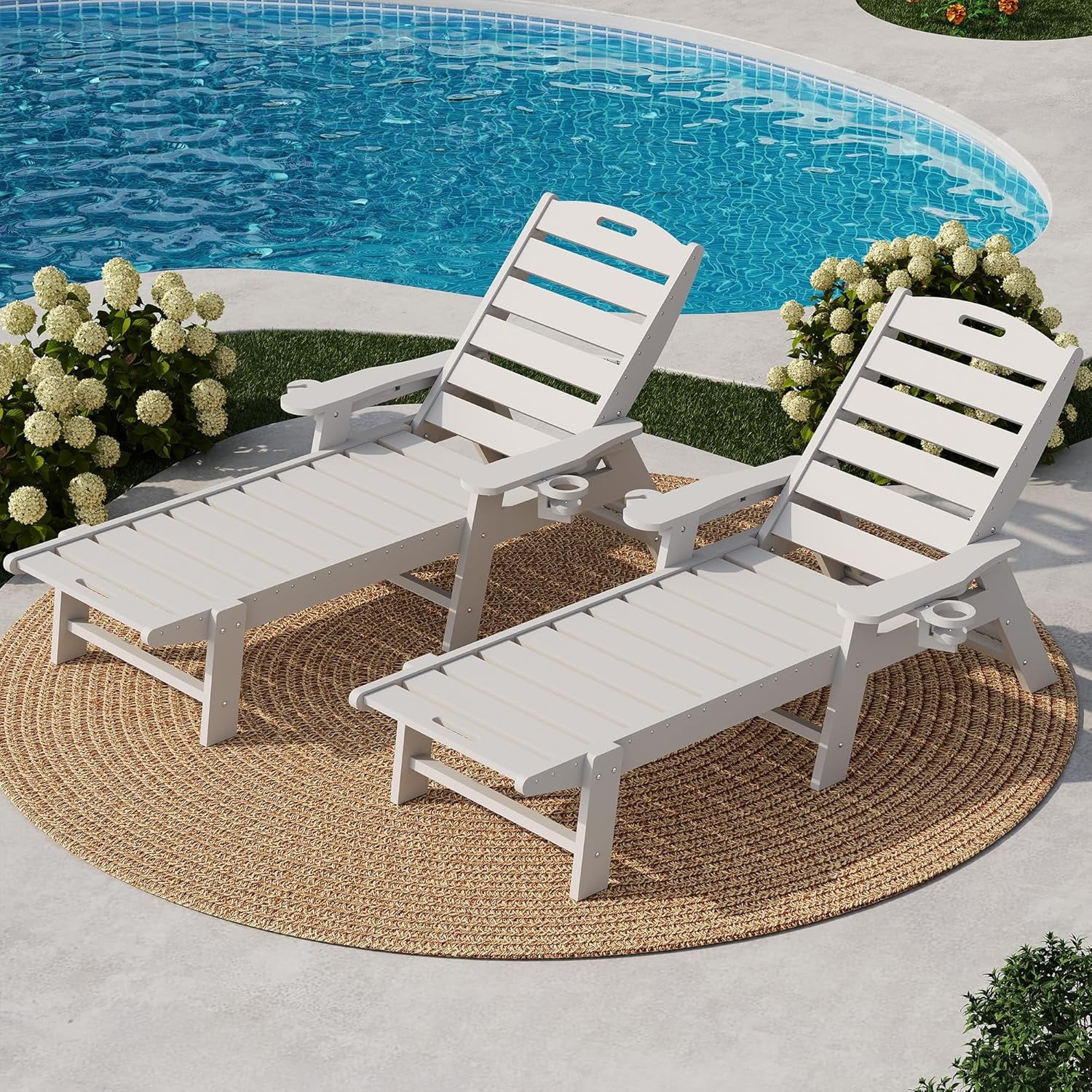 2-Pack HDPE Pool Lounge Chairs - White 5-Position Adjustable Chaise ...