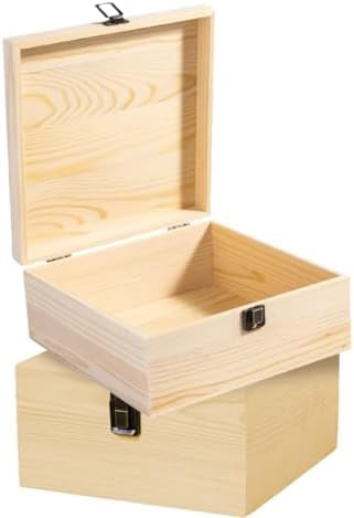 2 Pack 10.6 x 8.1 x 5.7 Inch Unfinished Wooden Box with Hinged Lid ...