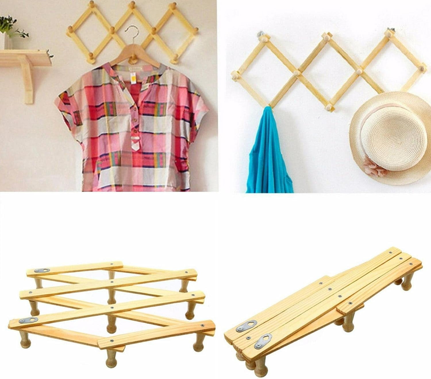 10 Hook Coat Hooks, Wooden Expanding Accordion Style Wall Mounted Hook ...