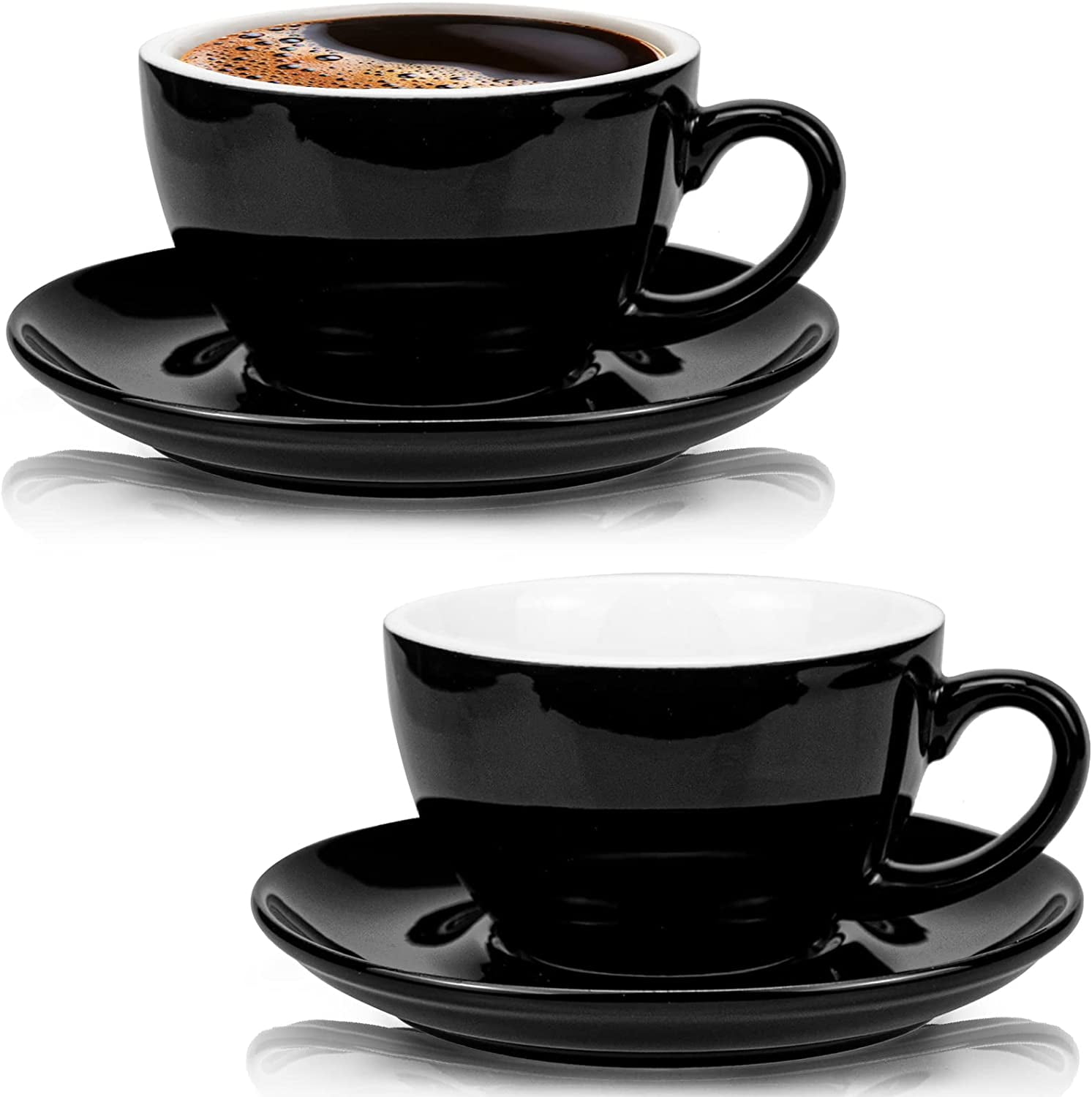 2 Pack 10 oz Coffee Cup and Saucer, Ceramic Glossy Black Cappuccino ...